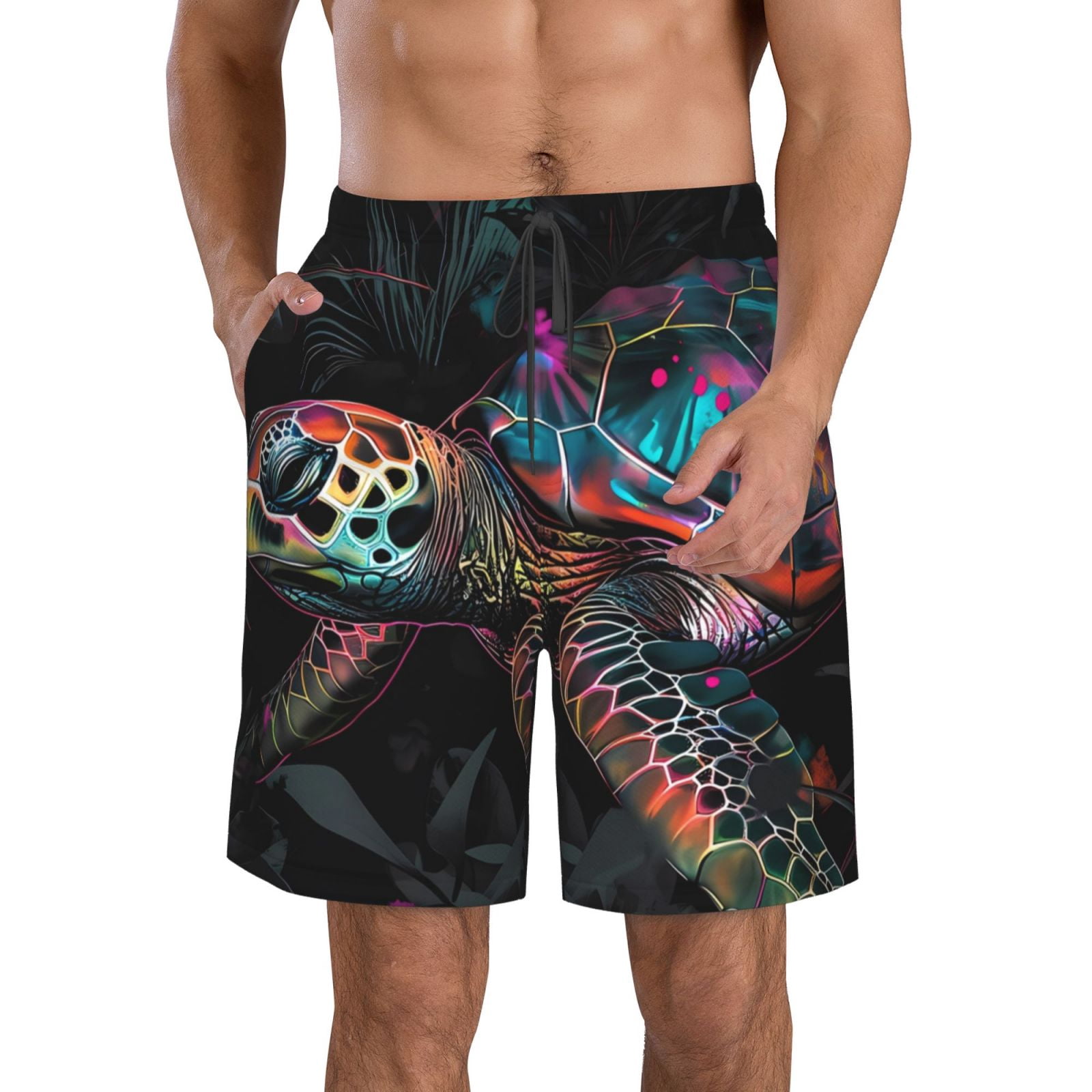 Adobk Colorful Plant Turtle A Print Men's Swim Trunks Hawaiian Bathing ...