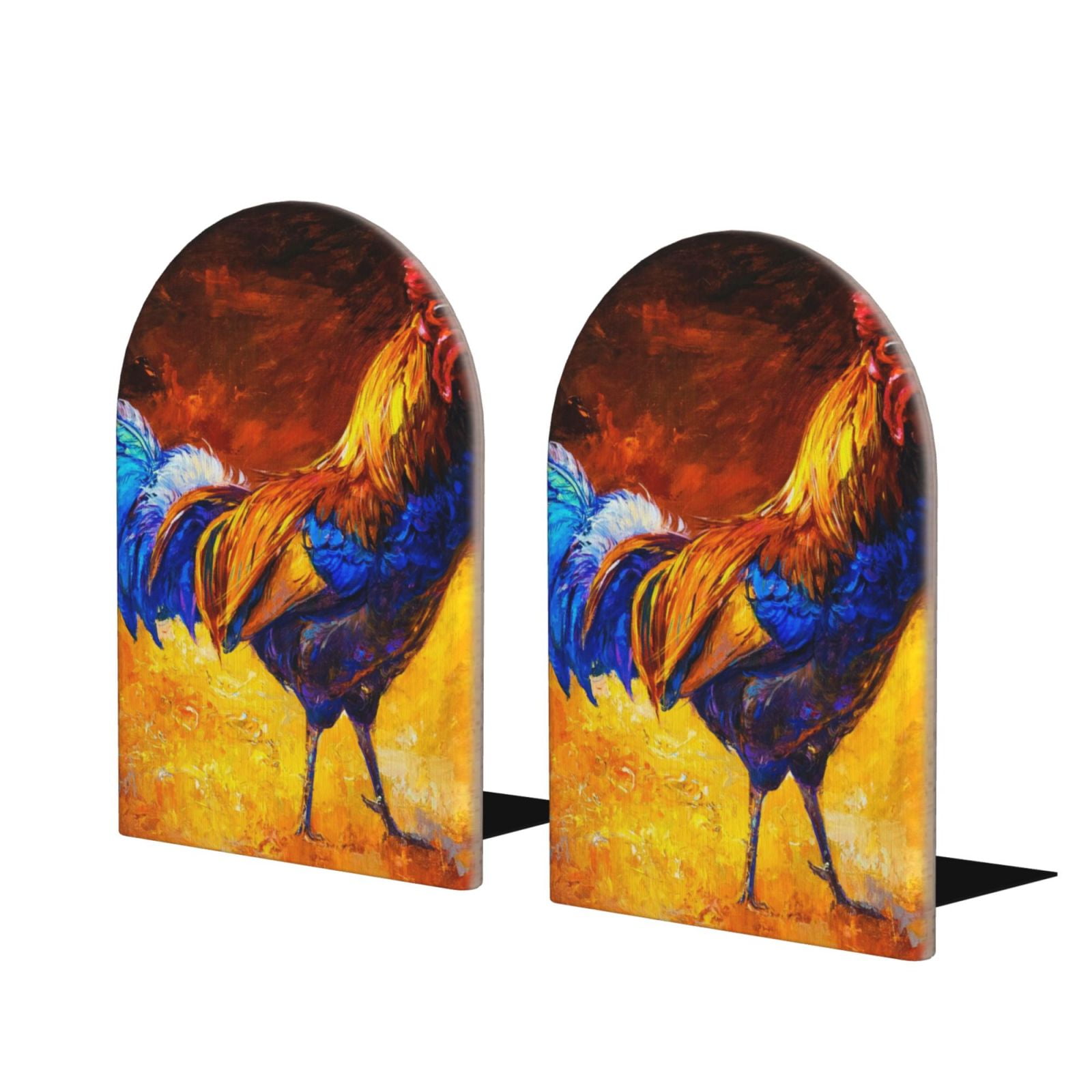 Adobk Colorful Rooster Print Wooden Bookends with Metal Base,on-Skid ...