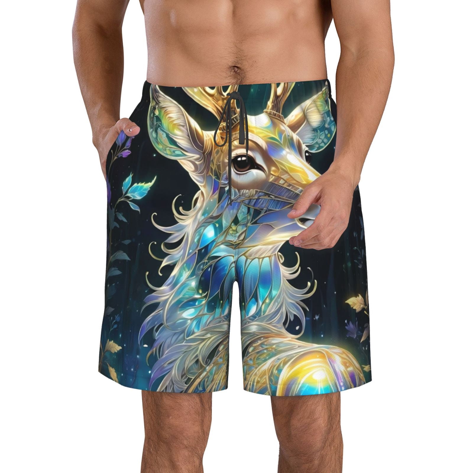 Adobk Colorful Stained Glass Deer Print Men's Swim Trunks Hawaiian ...