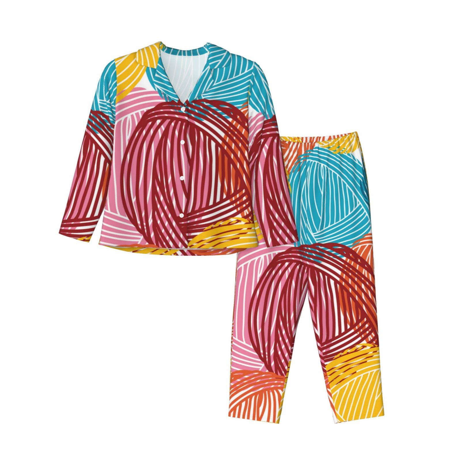 Adobk Colorful Wool Balls Print Pajamas Set Long Sleeve Sleepwear ...