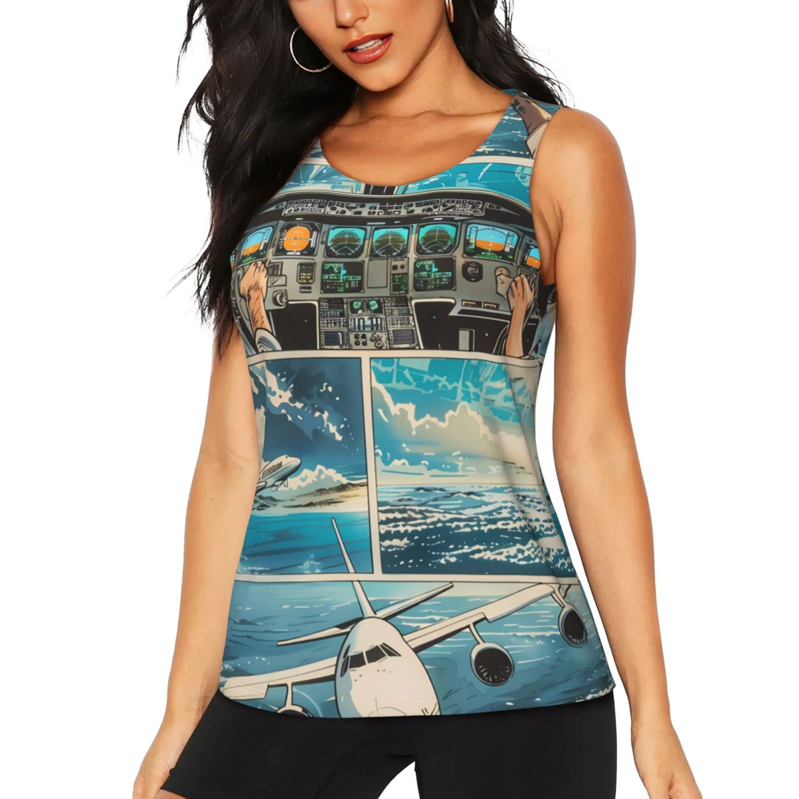Adobk Comic Airplane Cockpit Illustration Print Women's Workout Tank ...