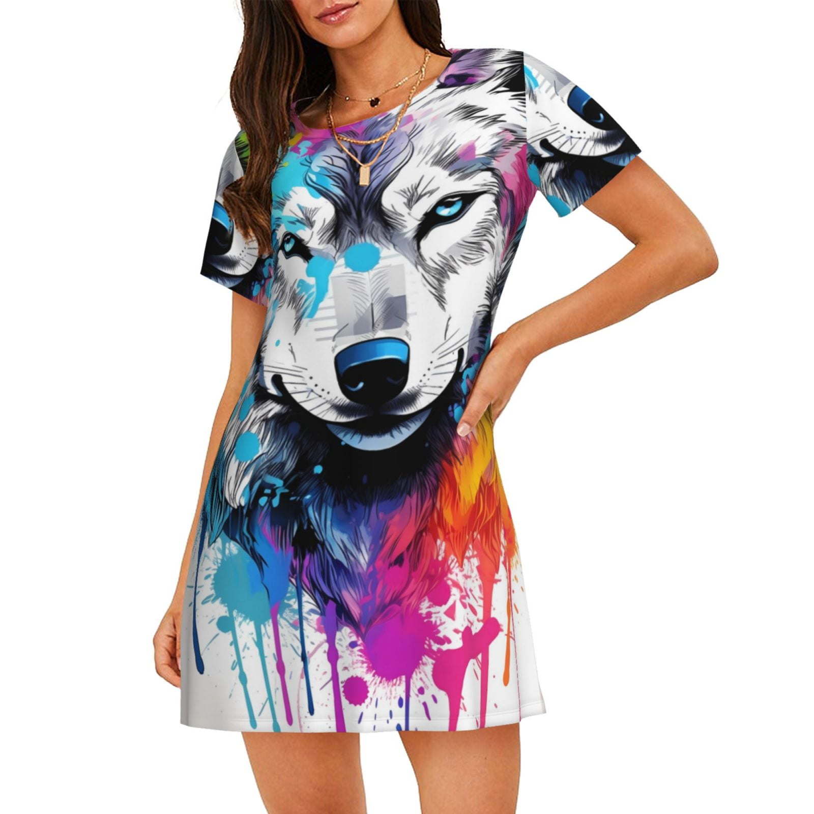 Adobk Cool Colorful Wolf Print Womens Short Sleeve Sleepshirt Scoopneck ...