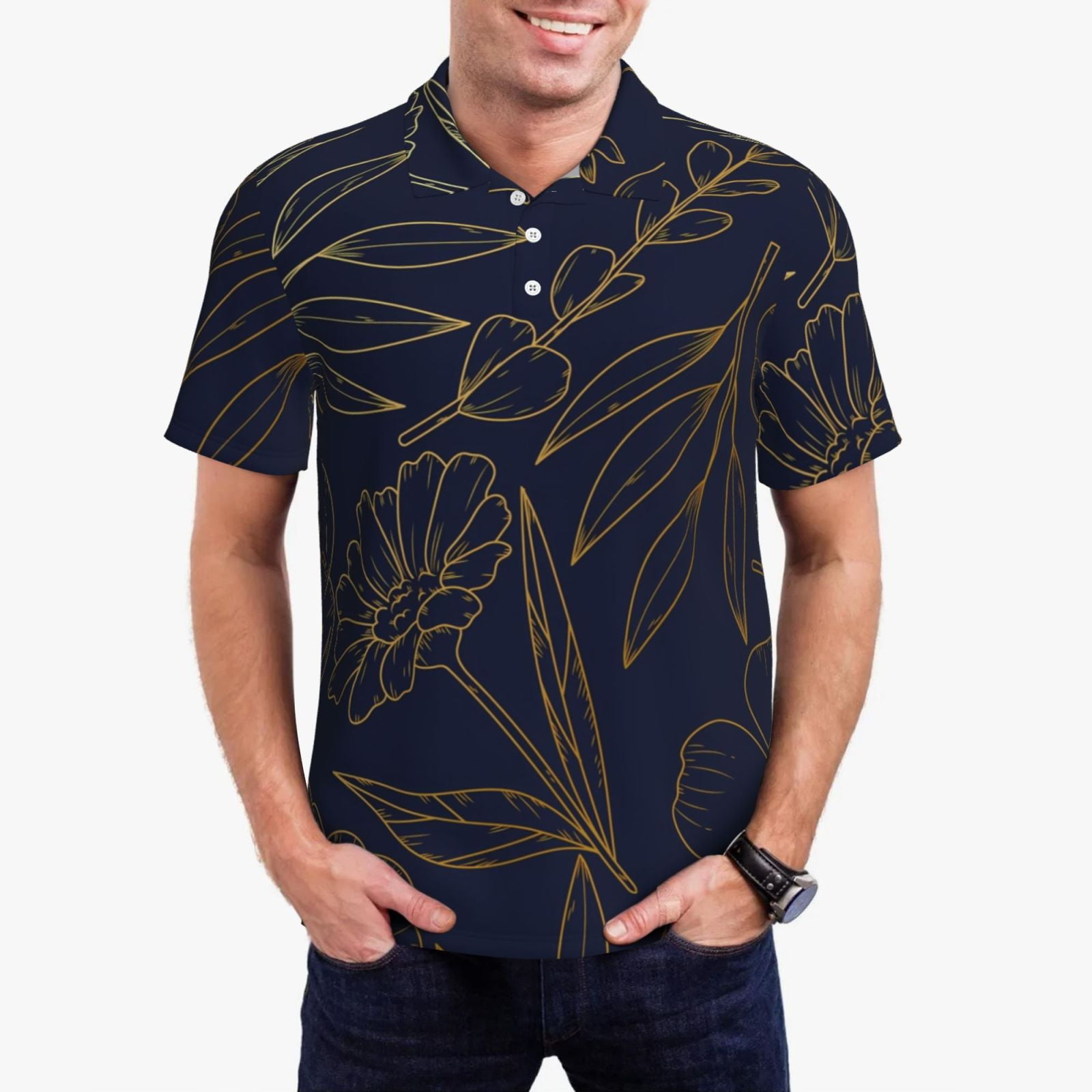 Adobk Copper-Gold Gloss Outline Flower Print Men’s Classic Polo Shirt ...
