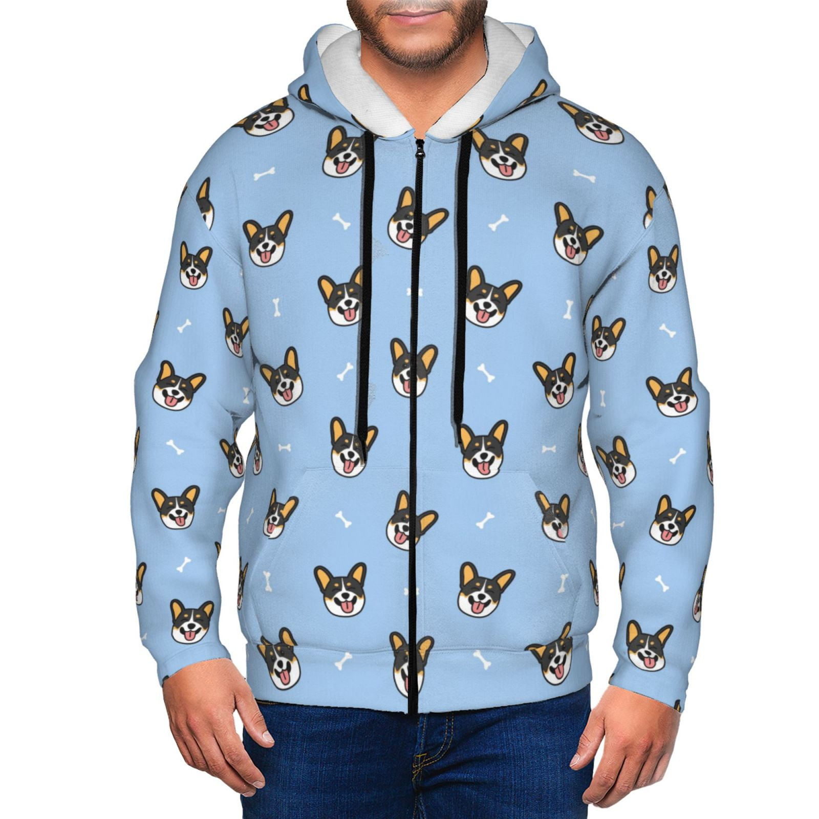 Adobk Corgi Dog Print Mens Full-zip Hoodie, Zip-up Hooded Sweatshirt ...
