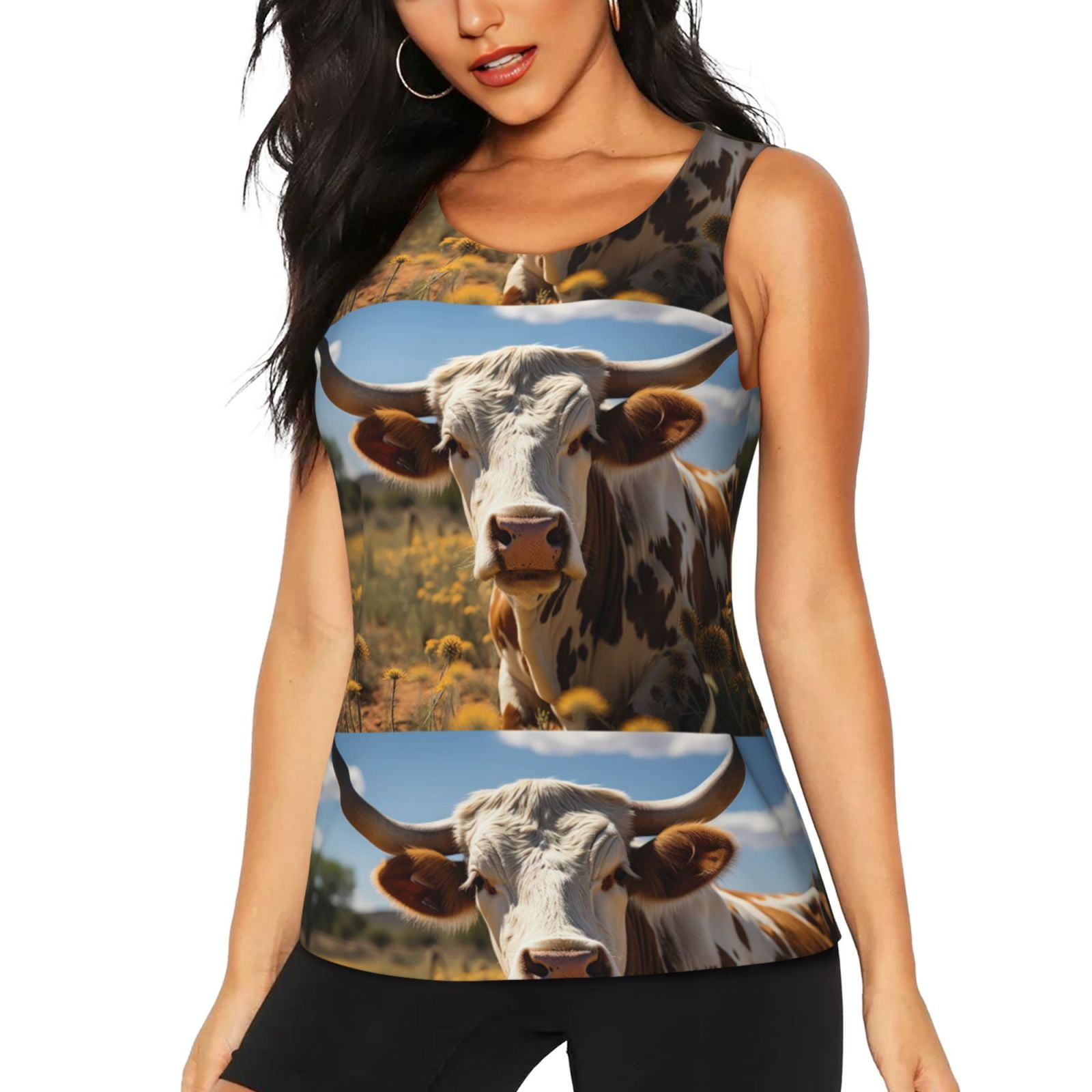 Adobk Countryside Flower Cow Print Women's Workout Tank Top Racerback ...
