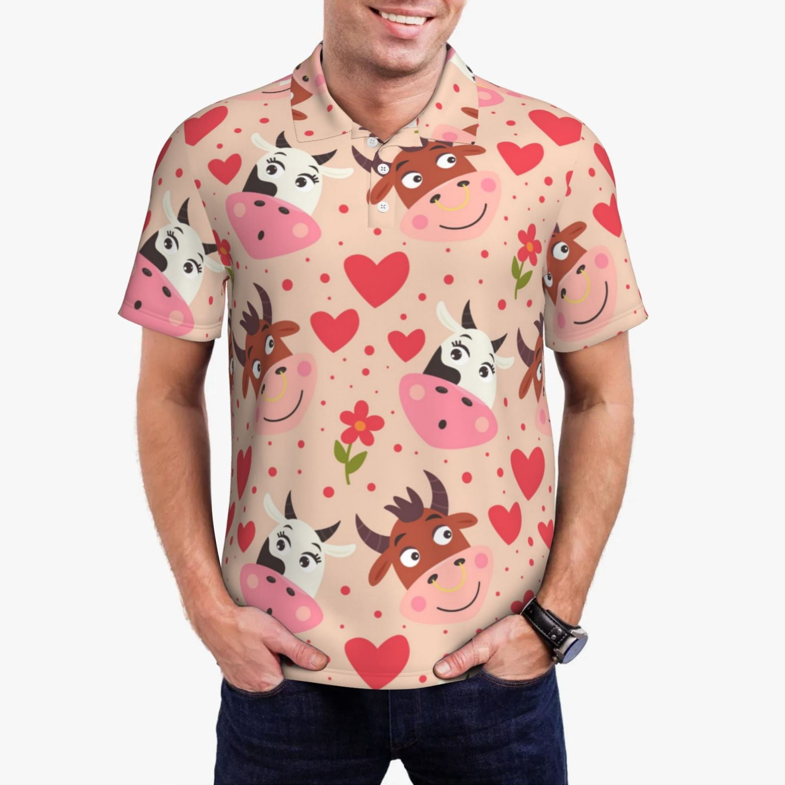 Adobk Cow Flower And Heart Print Men’s Classic Polo Shirt Short Sleeve ...