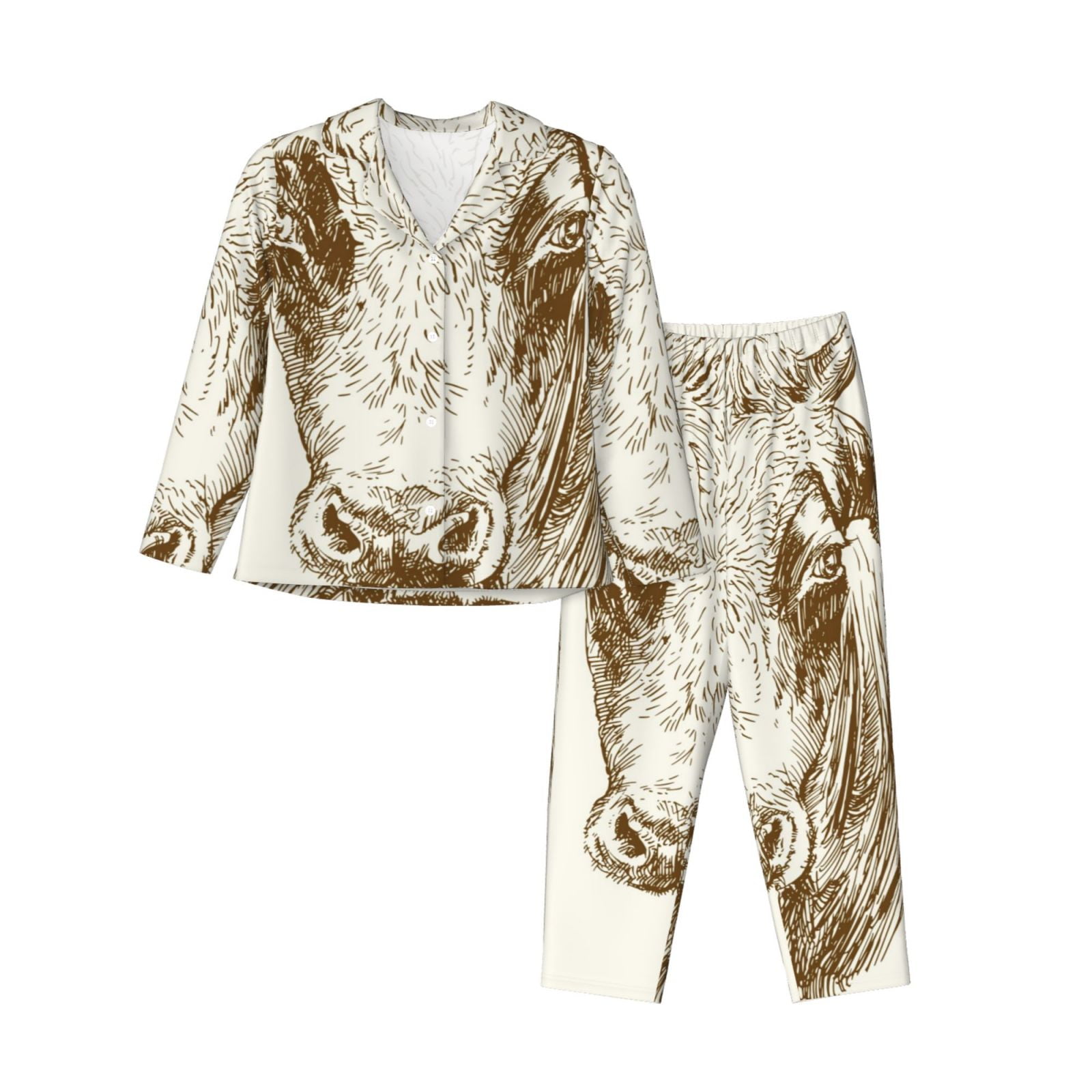 Adobk Cow Print Pajamas Set Long Sleeve Sleepwear Womens Button Down ...