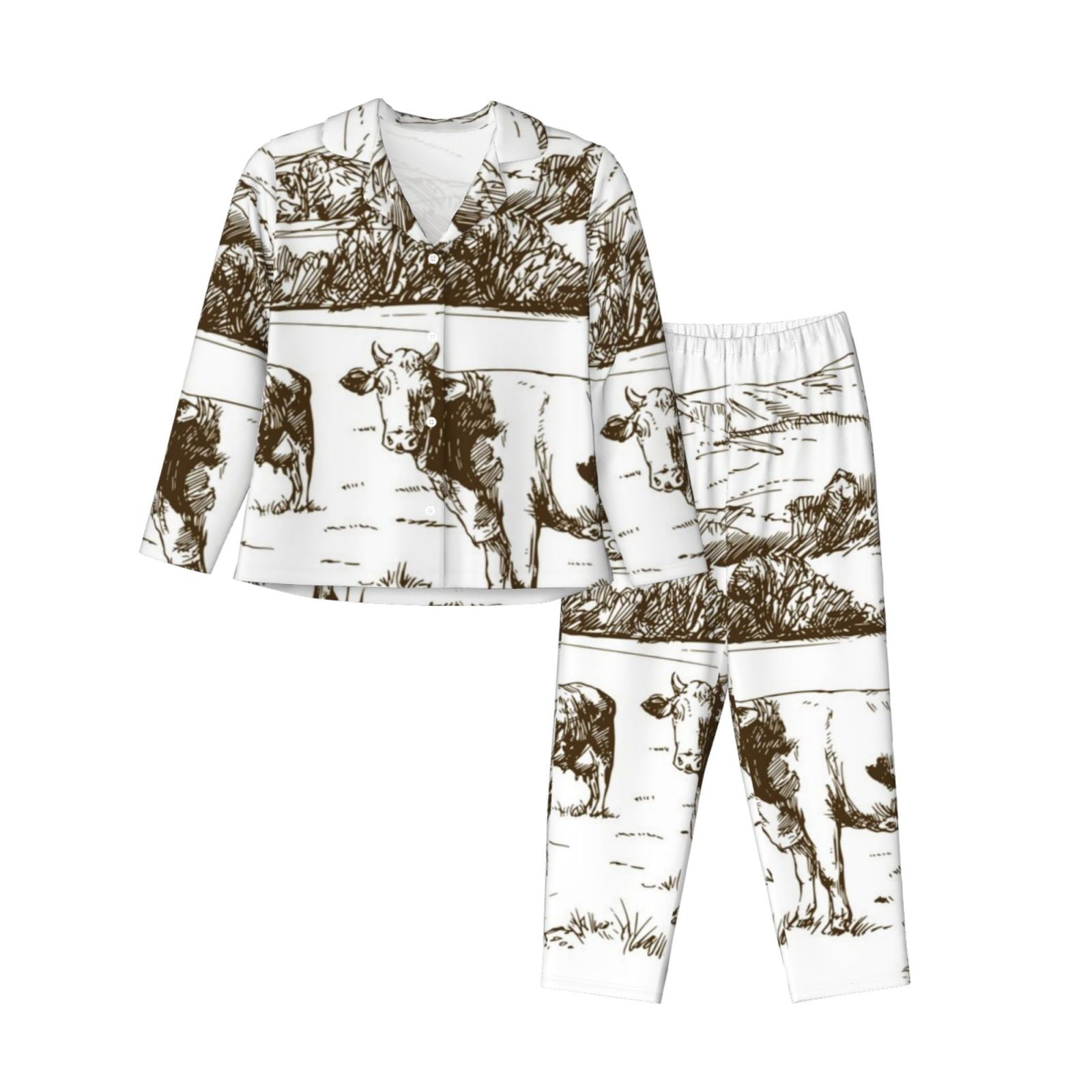 Adobk Cows Grazing On The Meadow 2 Print Pajamas Set Long Sleeve ...