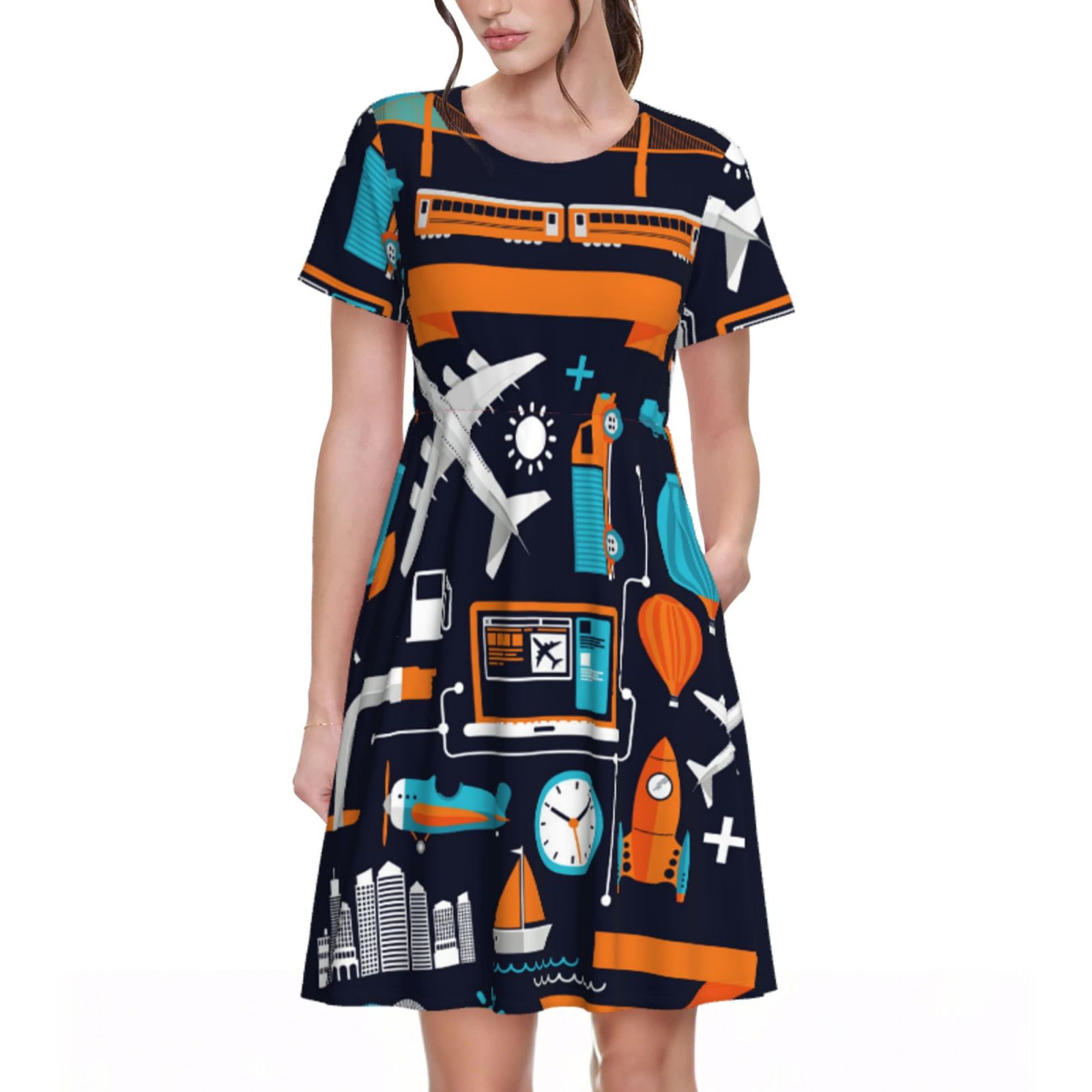 Adobk Creative Transport Print Women’s Short Sleeve Dress, Comfortable ...