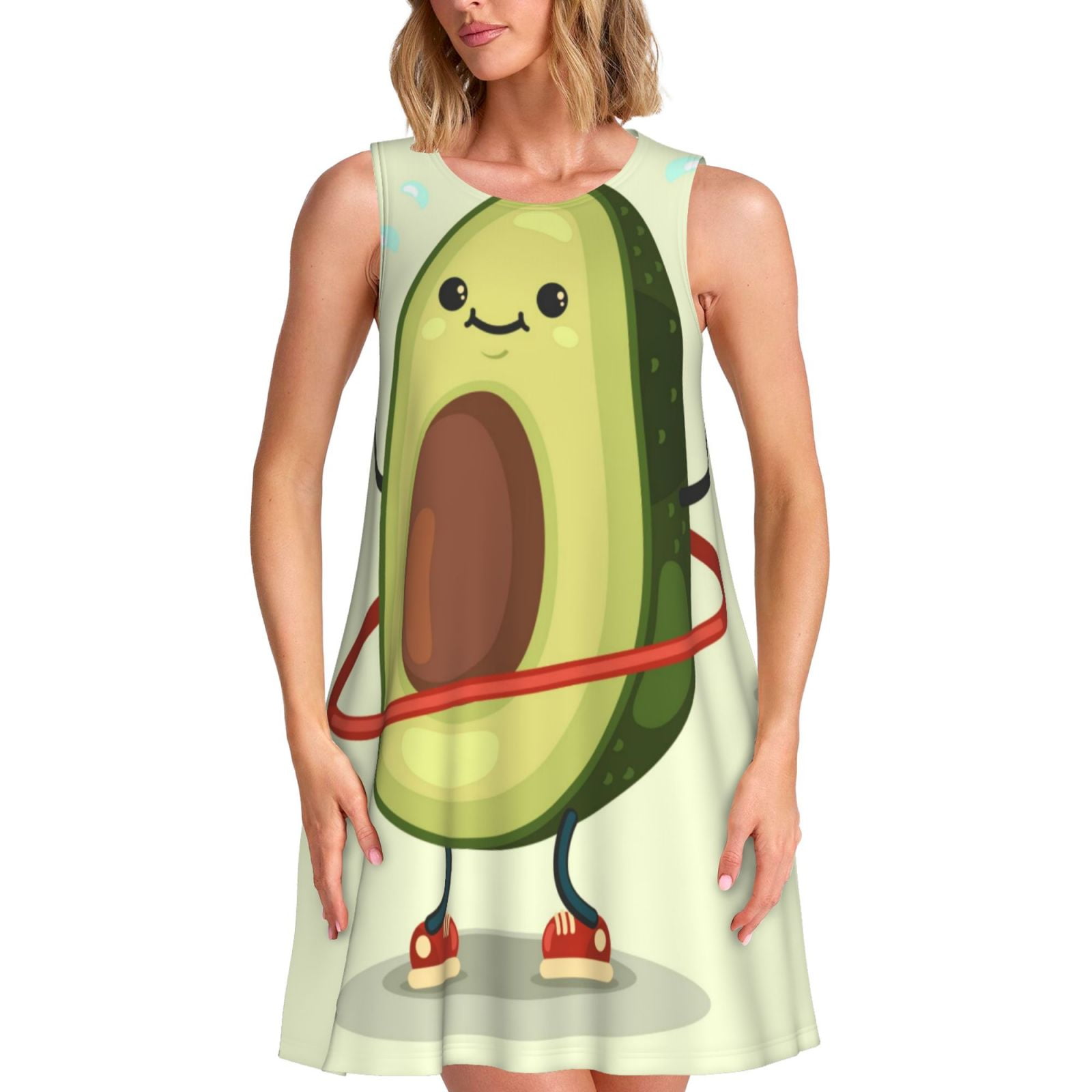 Adobk Cute Avocado Doing Exercise Print Women's Sleeveless Dress, Loose ...