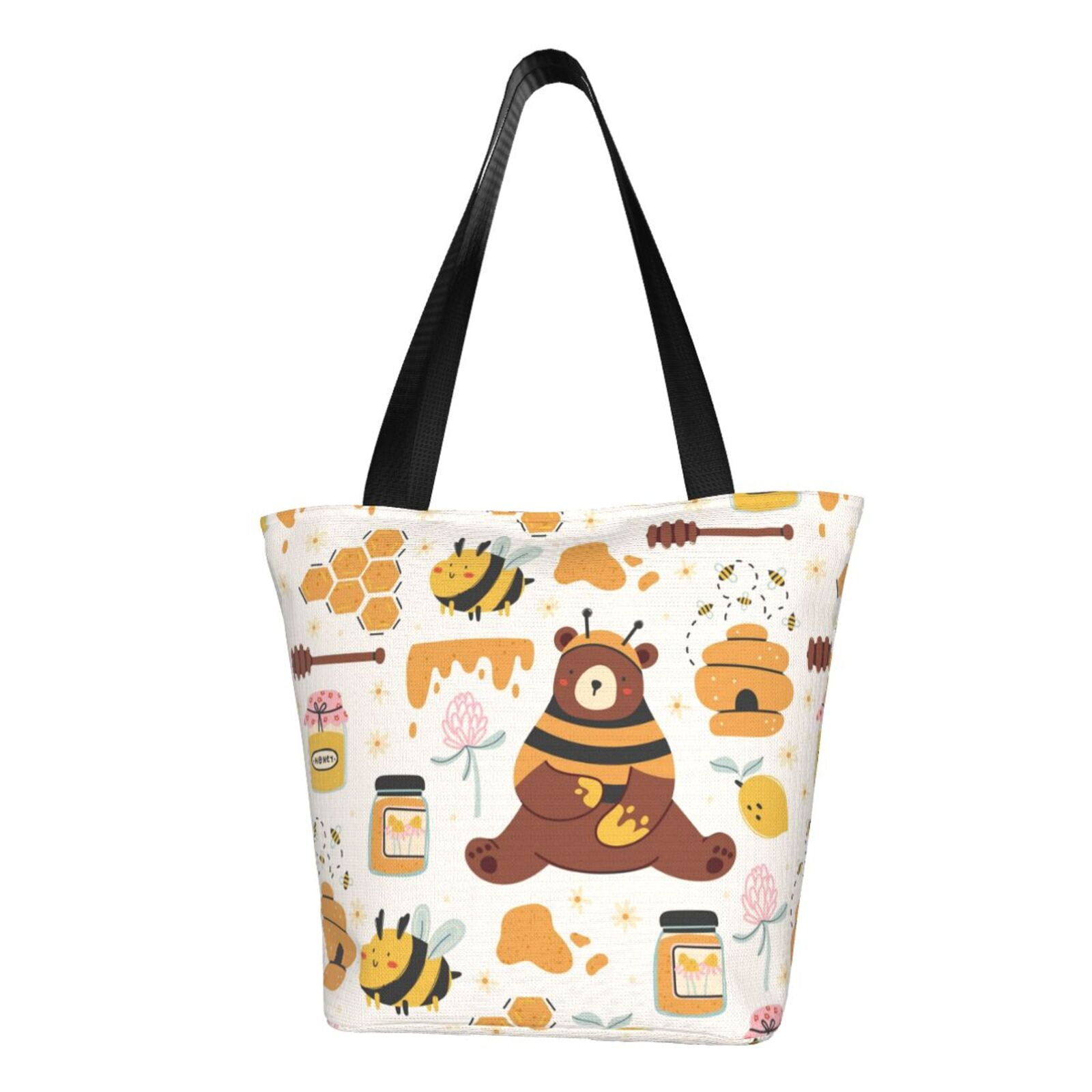 Adobk Cute Bee Honey Jar Hive Bear Canvas Tote Bag Vintage Tote Bag ...