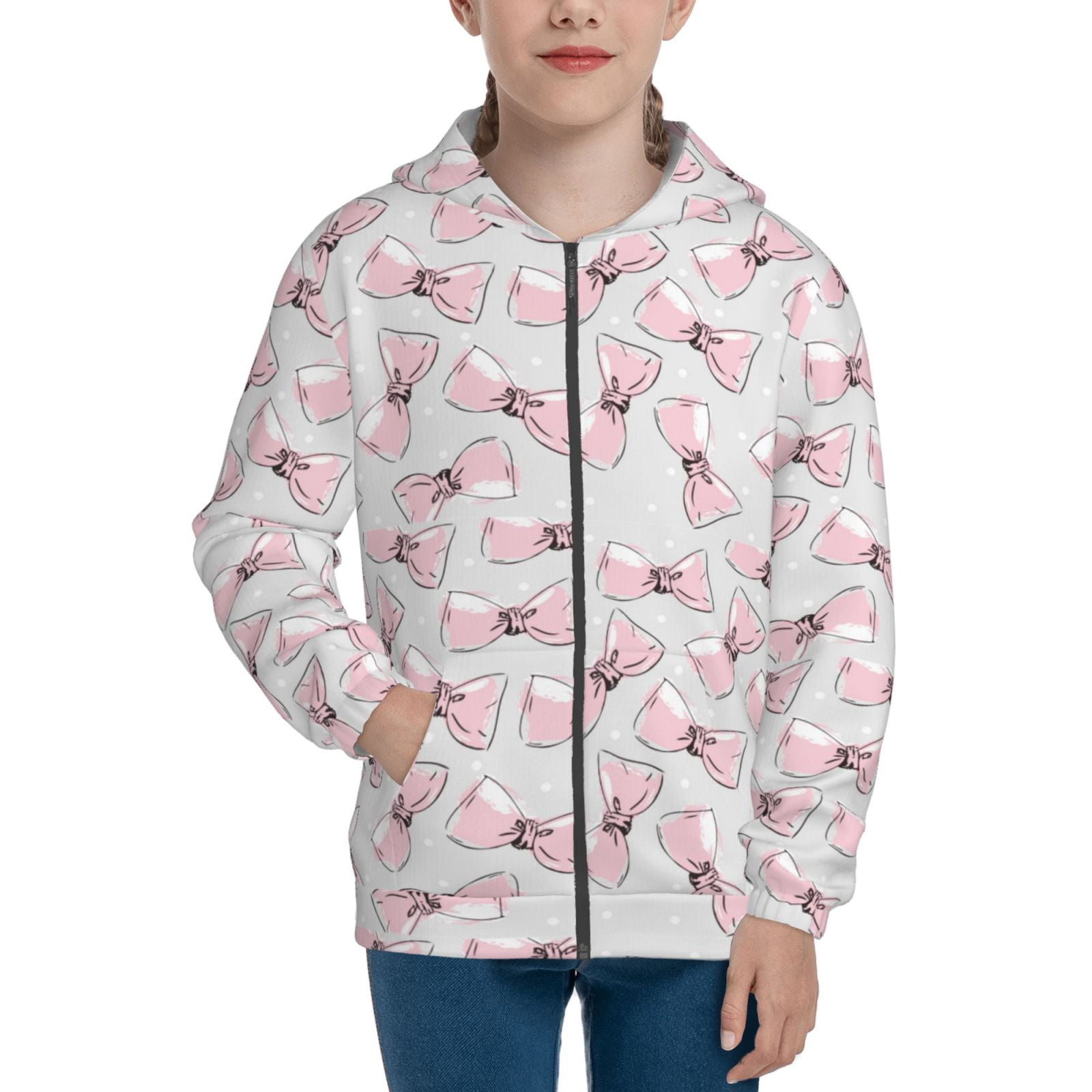 Adobk Cute Bow Tie Print Teenage Hoodies Fashion Crew Neck Zipper ...