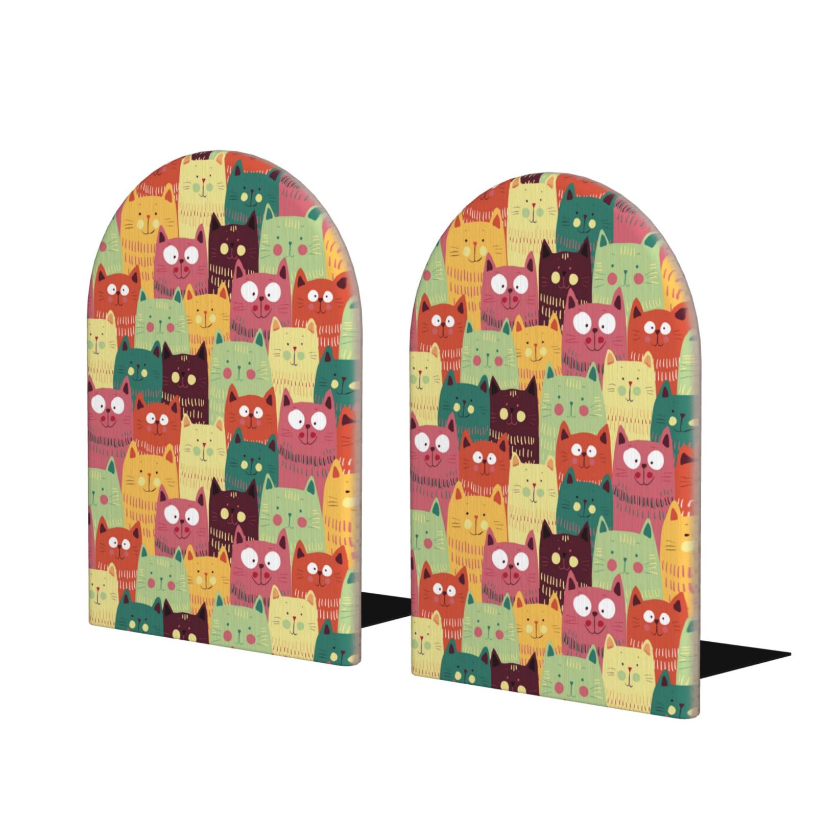 Adobk Cute Cartoon Cat Print Wooden Bookends with Metal Base,on-Skid ...