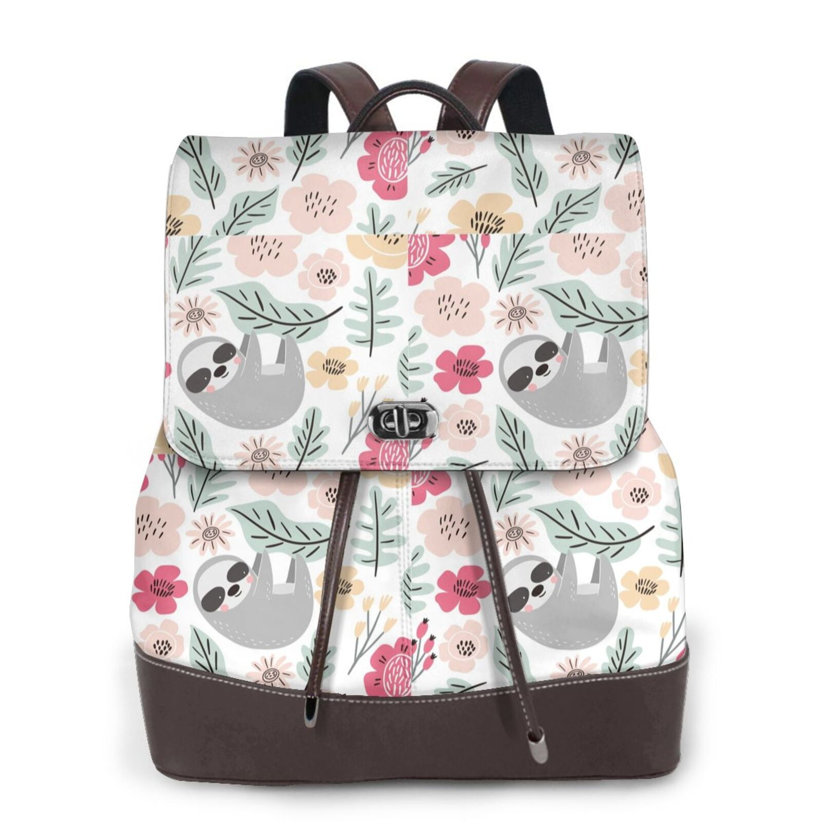 Adobk Cute Cartoon Sloth Print Leather Backpack Vintage Laptop Bookbag ...