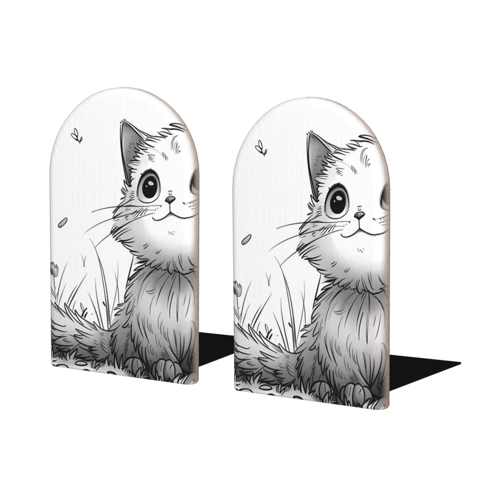 Adobk Cute Cat Meadow Sketch Print Wood,Non-Skid Bookend for Shelves ...