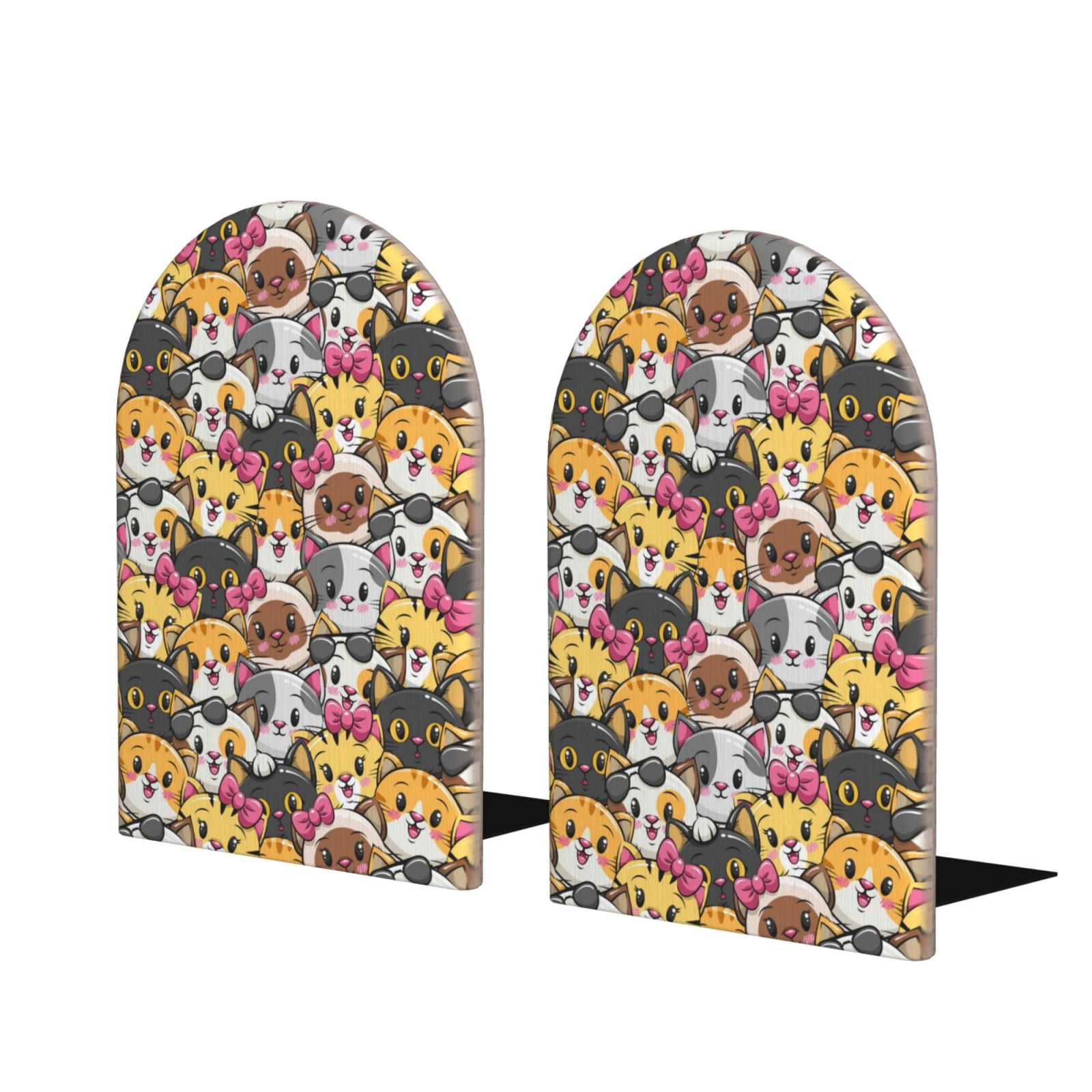 Adobk Cute Cat Print Wooden Bookends with Metal Base,on-Skid Bookend ...