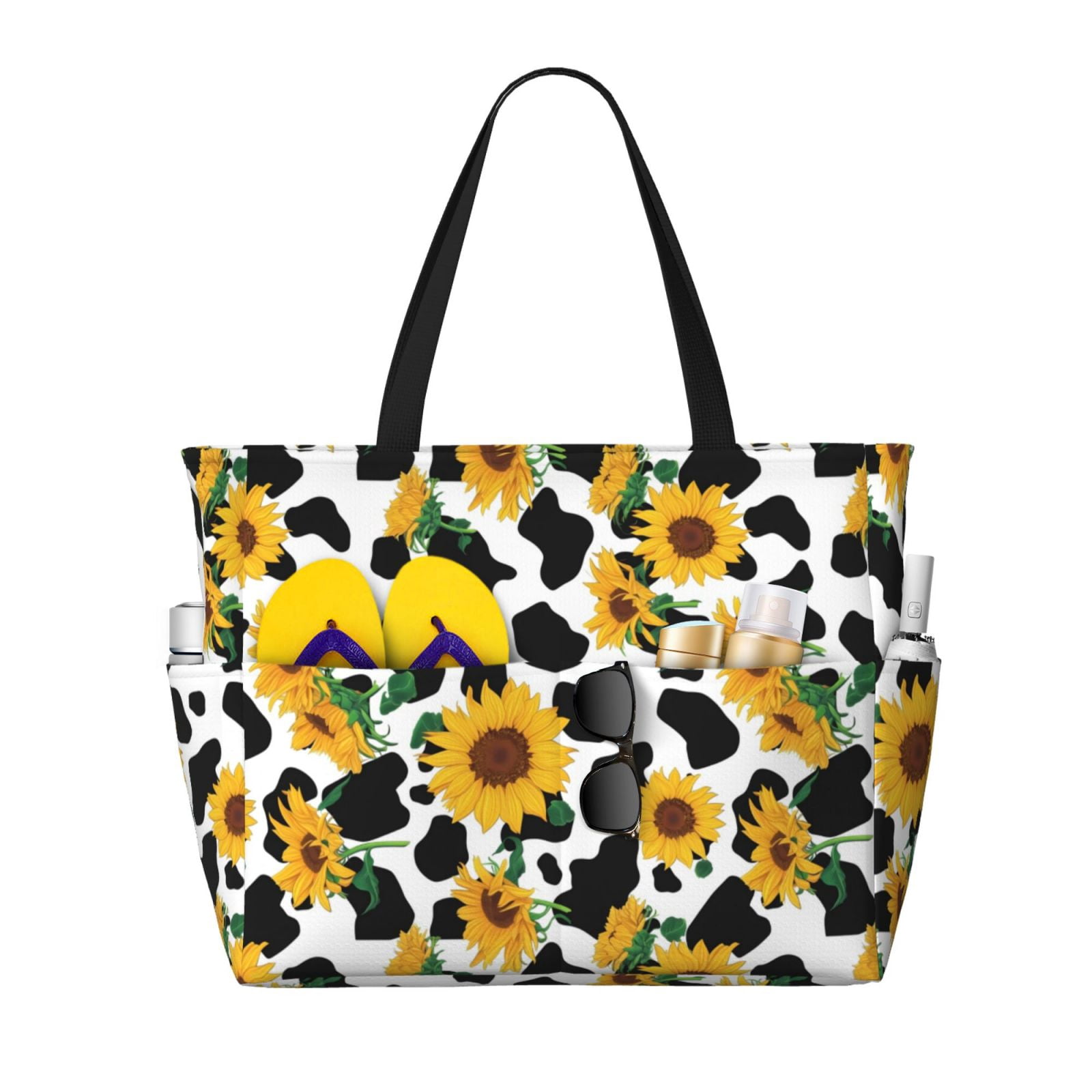 Adobk Cute Cow Print Sunflower A Print Beach Bag for Women Large Beach ...