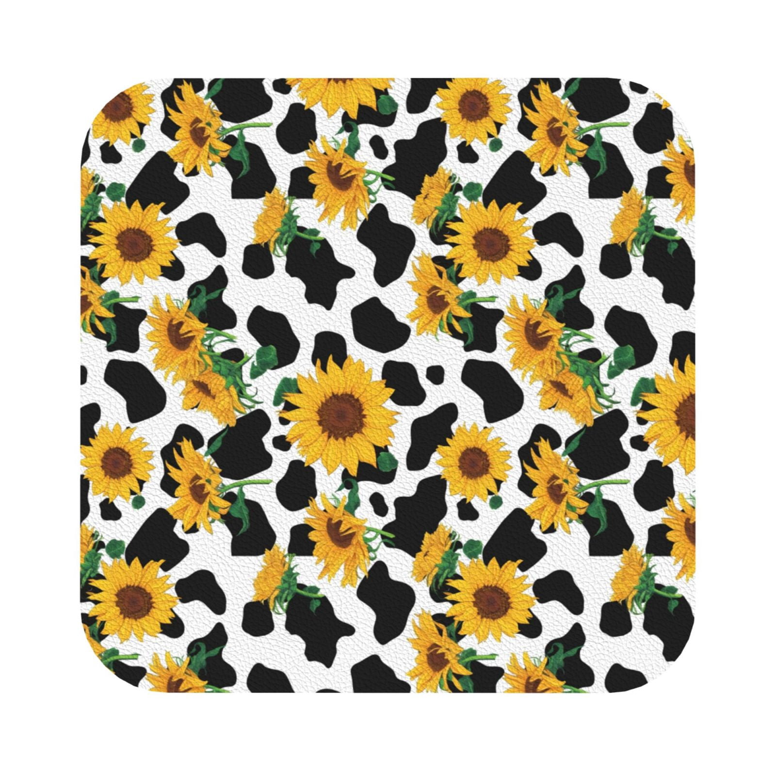 Adobk Cute Cow Print Sunflower A Print Leather Coasters for Drinks(6 ...