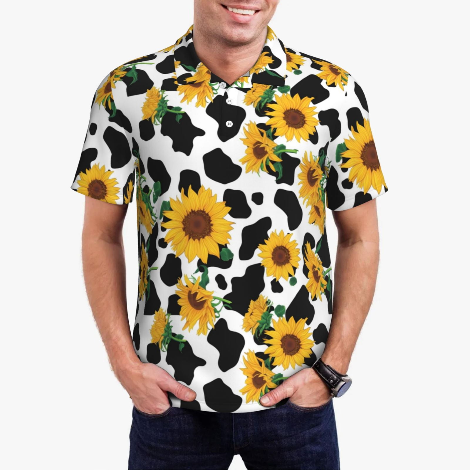 Adobk Cute Cow Print Sunflower A Print Men’s Classic Polo Shirt Short ...