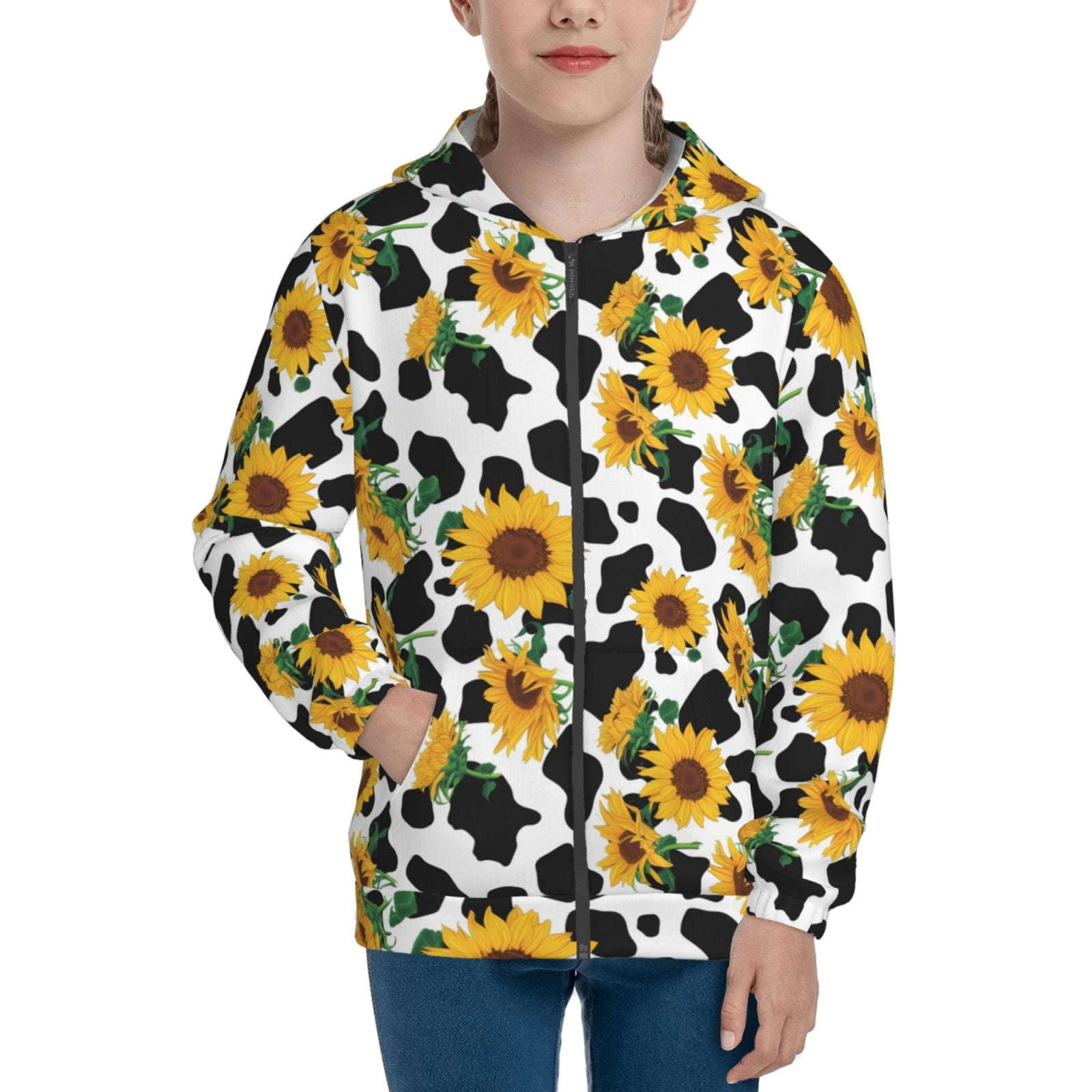 Adobk Cute Cow Print Sunflower A Print Teenage Hoodies Fashion Crew Neck Zipper Hoodedzip