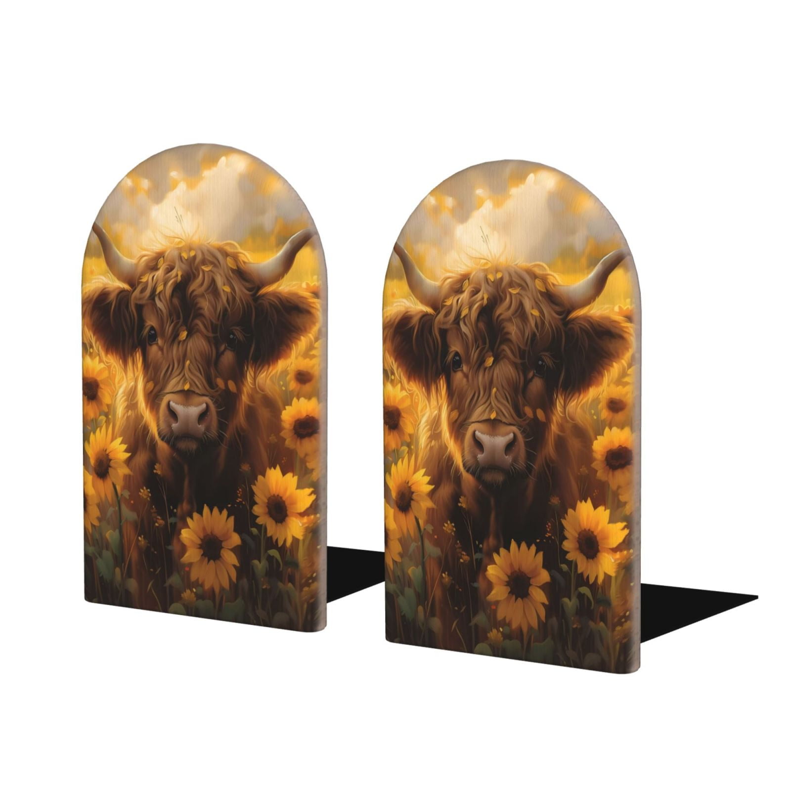 Adobk Cute Cow Sunflower Field Print Wood,Non-Skid Bookend for Shelves ...