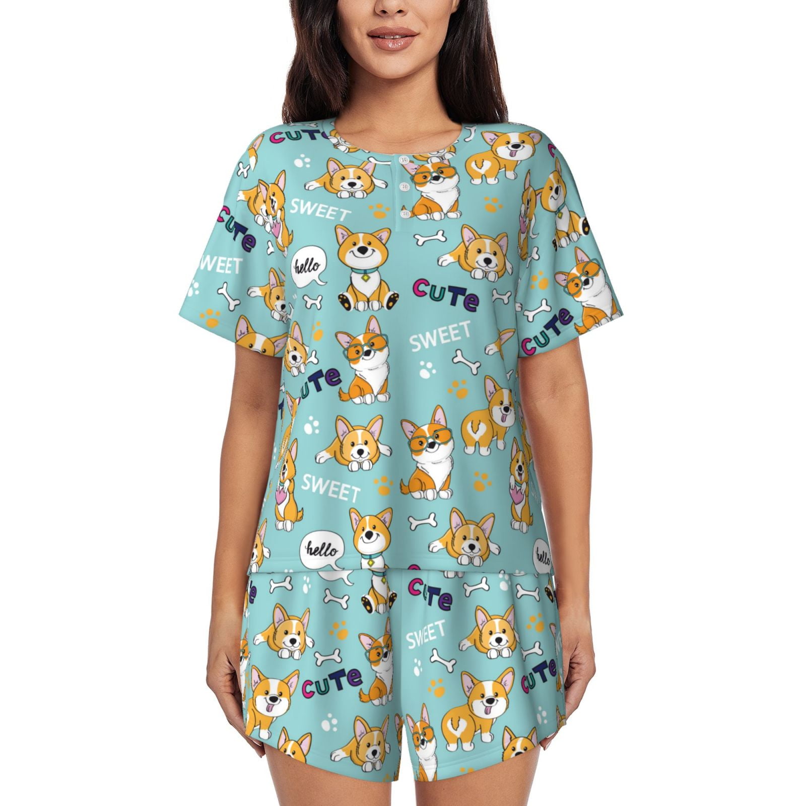 Adobk Cute Dogs Corgi Print Women Pajamas Sets for Short-Sleeved，Shorts ...