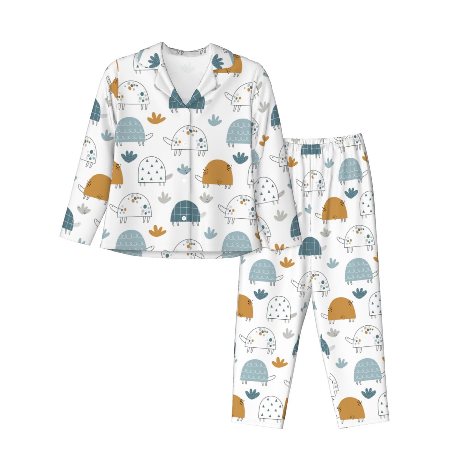 Adobk Cute Doodle Turtles Print Pajamas Set Long Sleeve Sleepwear ...
