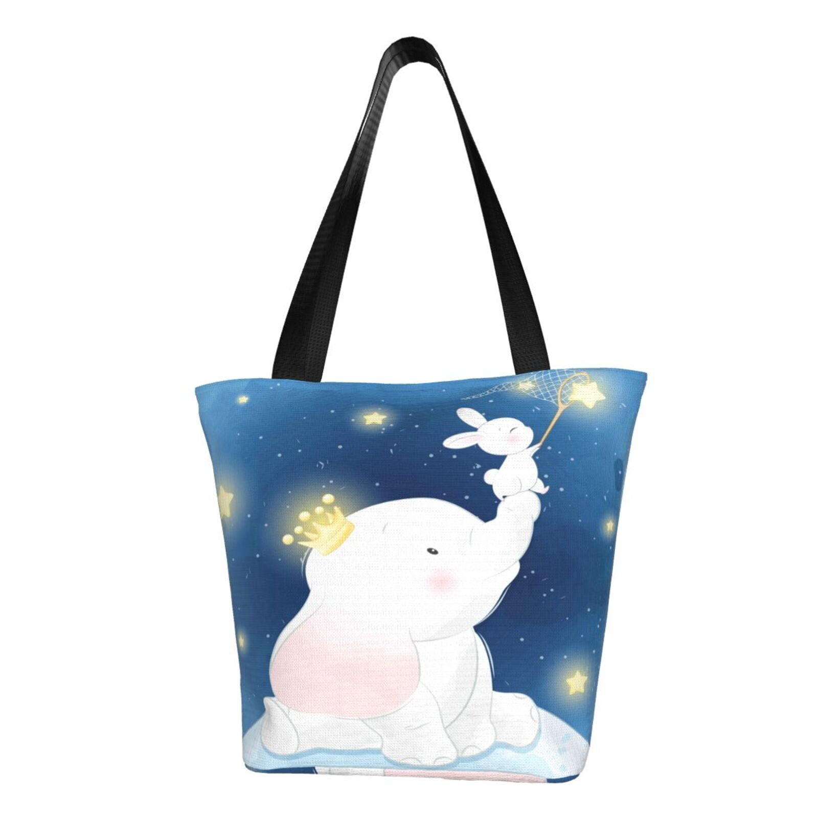 Adobk Cute Elephant Sitting In The Moon With Little Bunny Canvas Tote ...