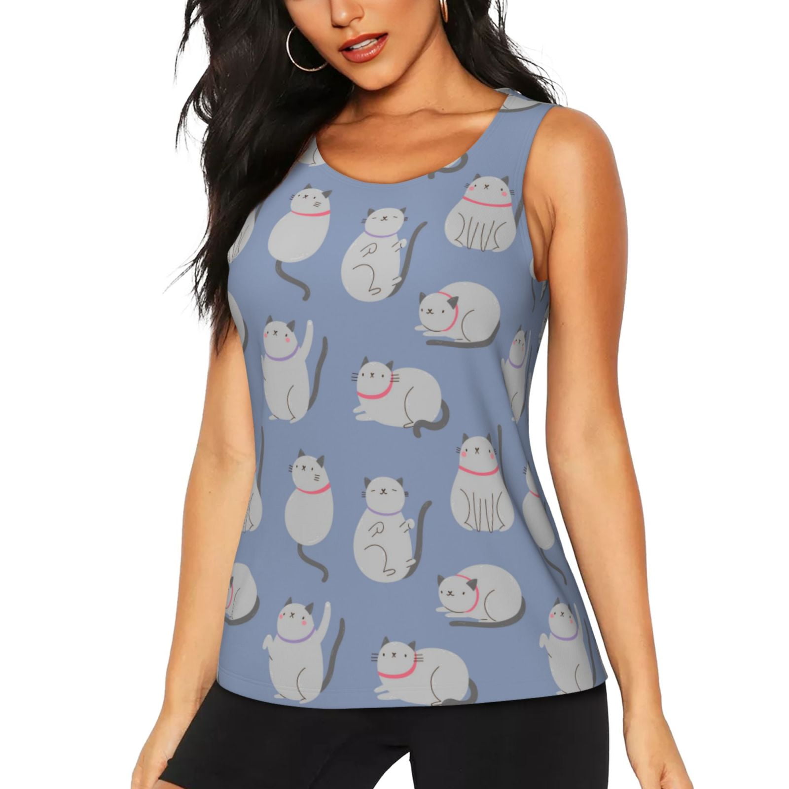 Adobk Cute Fat Cat Print Women's Workout Tank Top Racerback Yoga Tanks ...