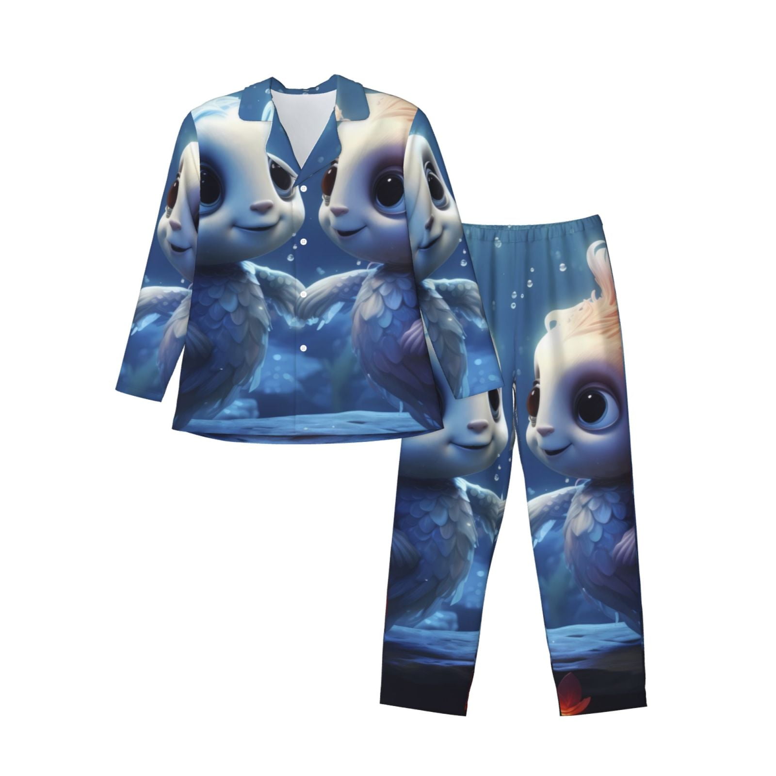 Adobk Cute Fish Flower Couple Print Mens Pajamas Set Long Sleeve Soft ...