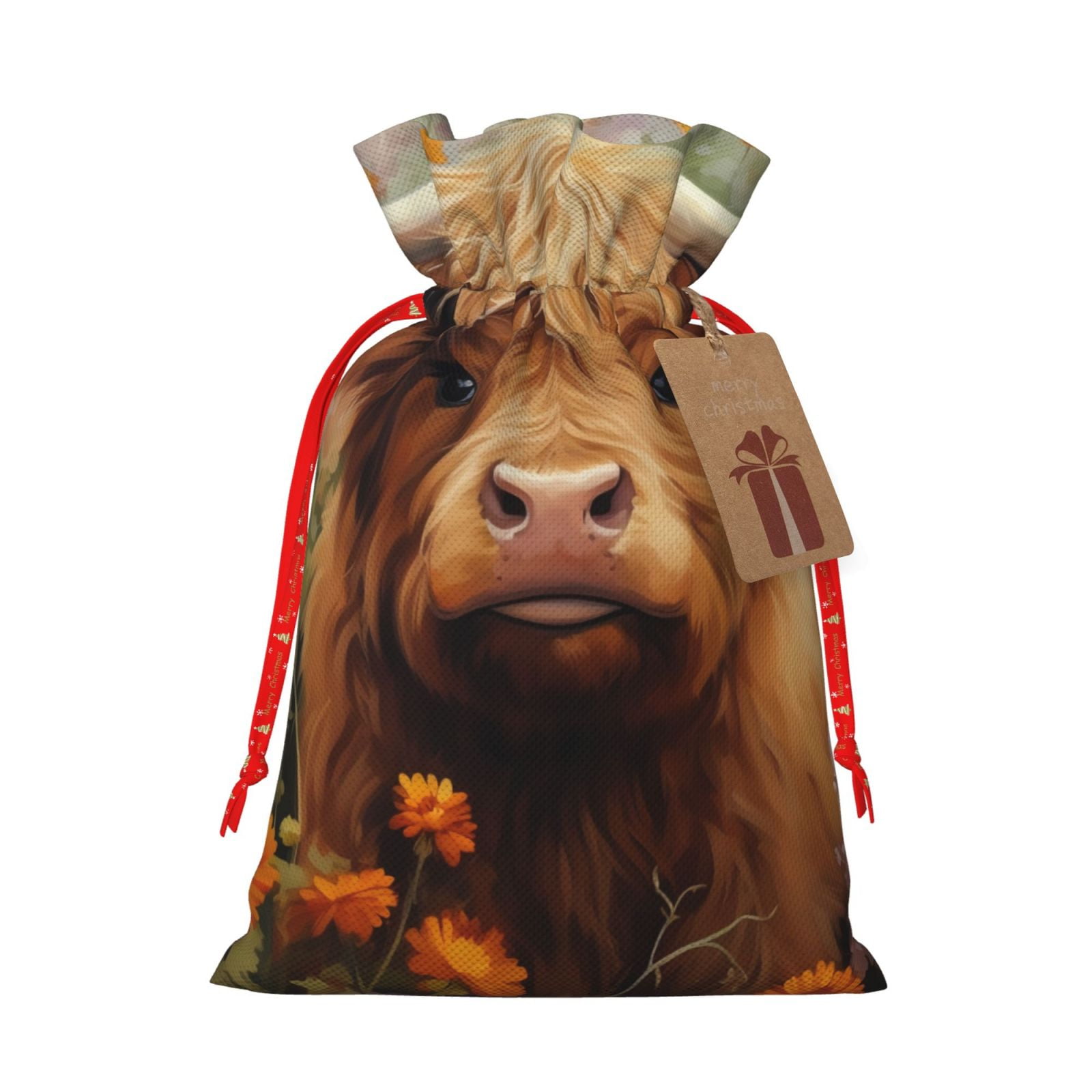 Adobk Cute Floral Cow Print Holiday Drawstring Gift Bags, Christmas ...
