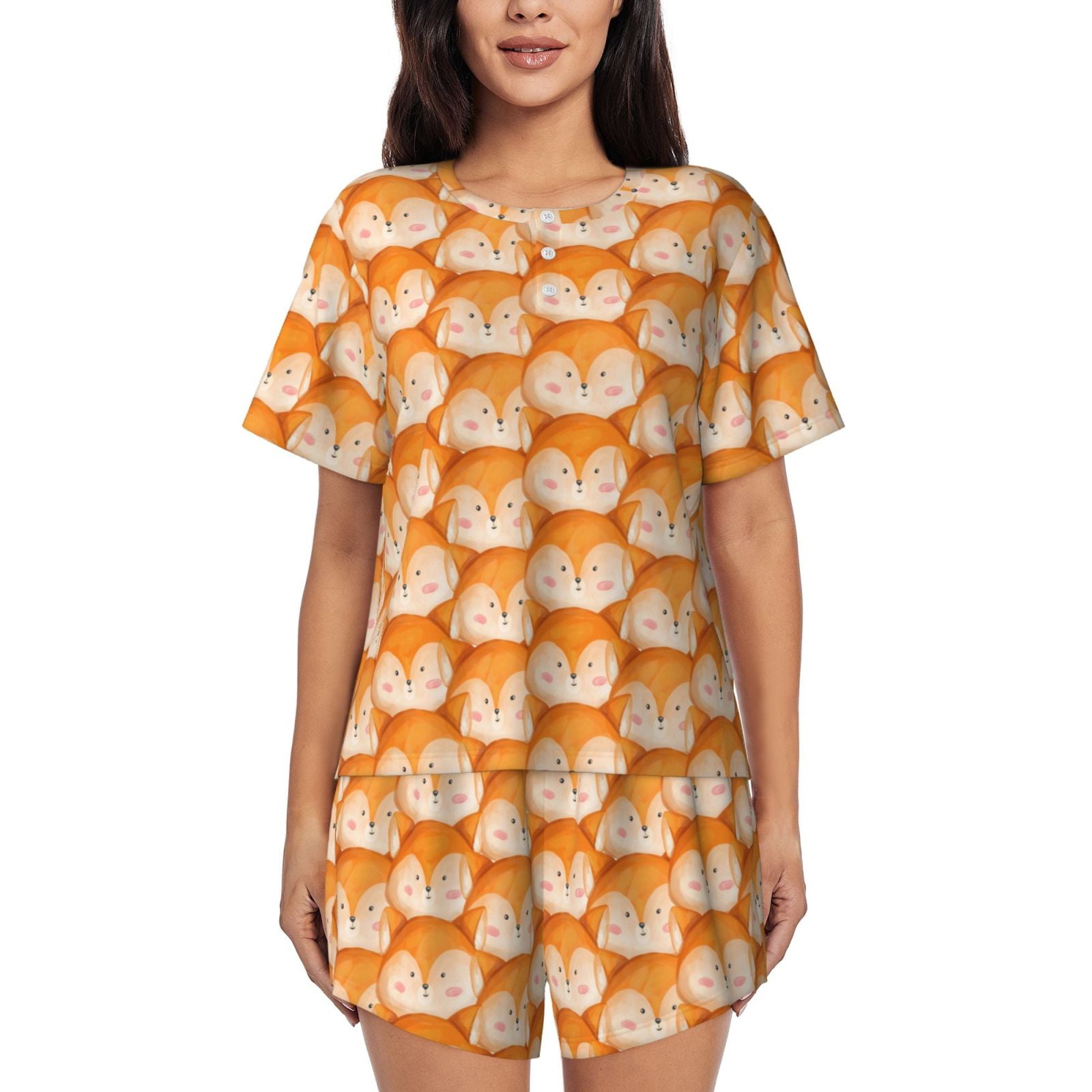 Adobk Cute Fox Faces Pattern Print Women Pajamas Sets for Short-Sleeved ...