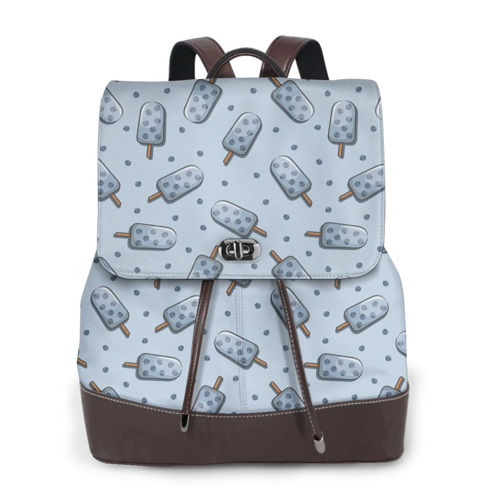 Adobk Cute Ice Cream Print Leather Backpack Vintage Laptop Bookbag for ...