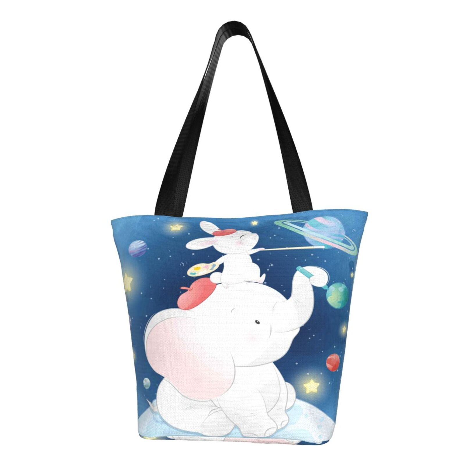 Adobk Cute Little Bunny Elephant Painting A Planet Canvas Tote Bag ...