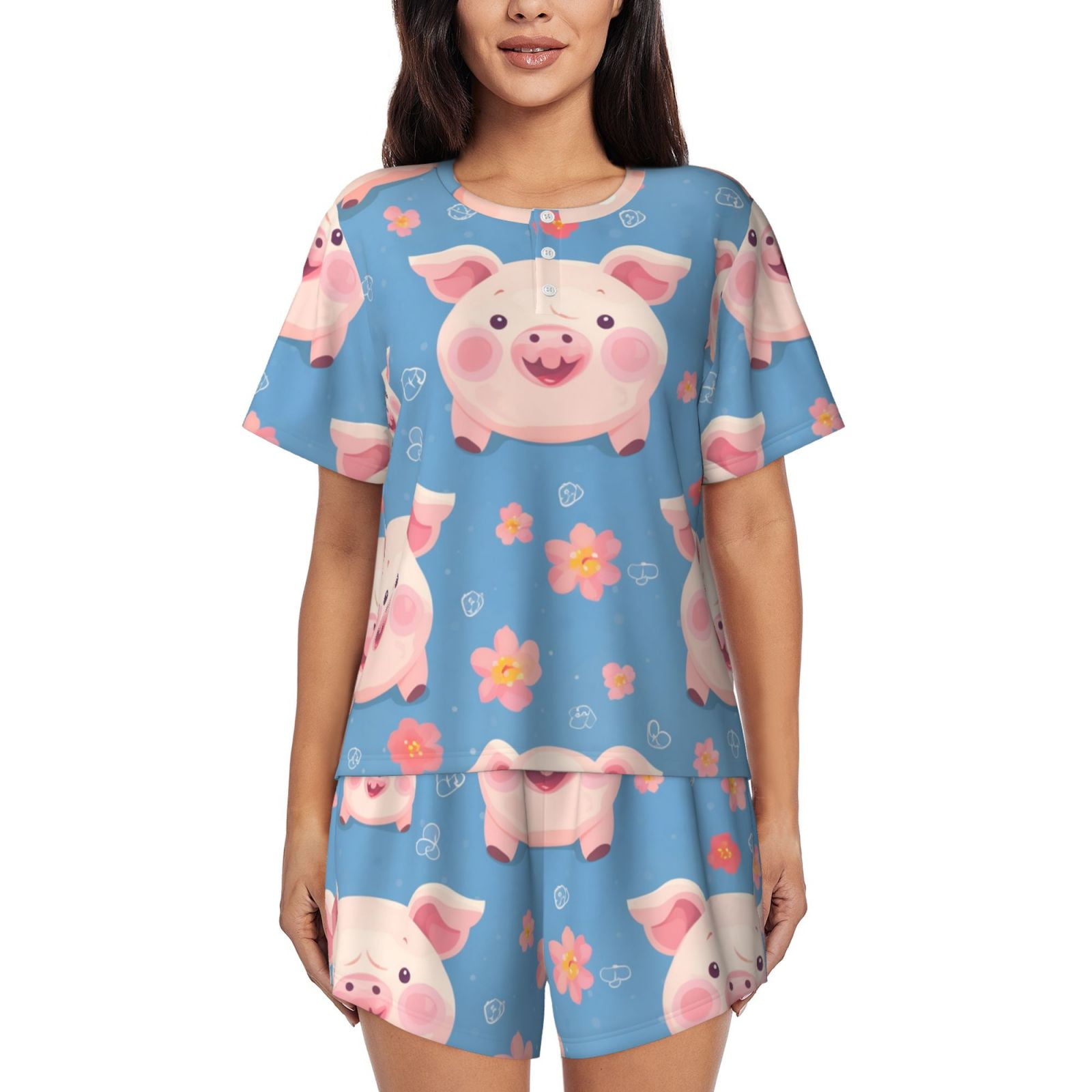 Adobk Cute Pig Flowers Print Women Pajamas Sets for Short-Sleeved ...