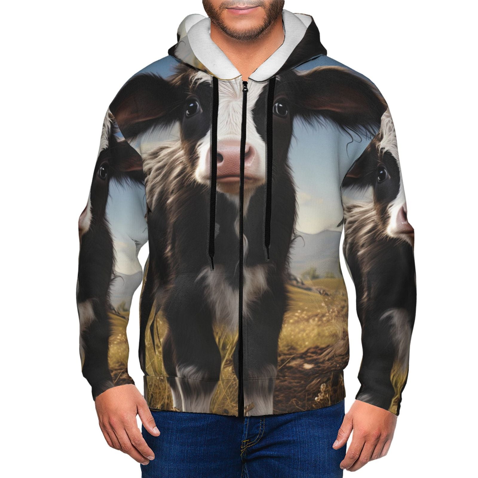 Adobk Cute Prairie Cow Print Mens Full-zip Hoodie, Zip-up Hooded ...