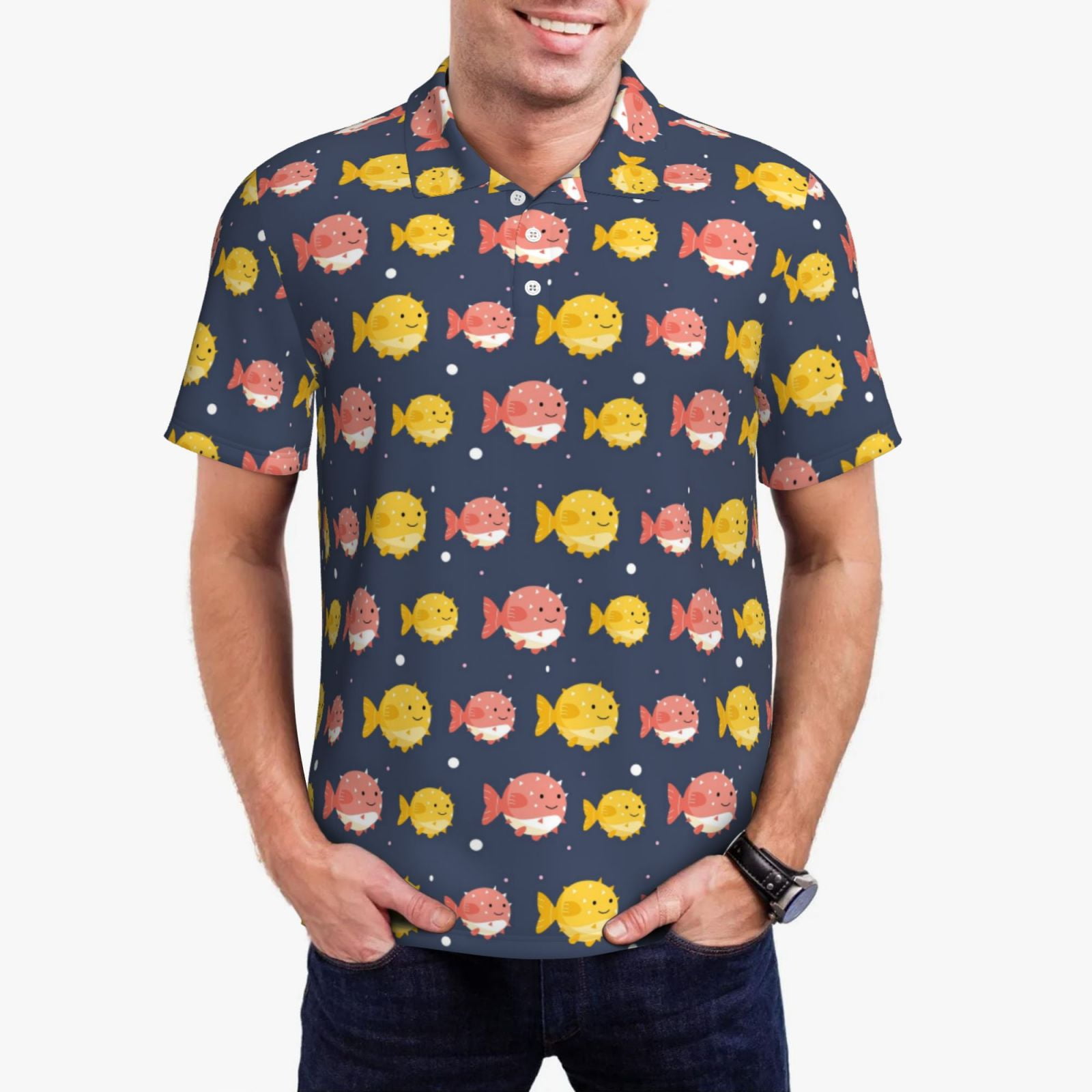 Adobk Cute Puffer Fish Print Men’s Classic Polo Shirt Short Sleeve ...