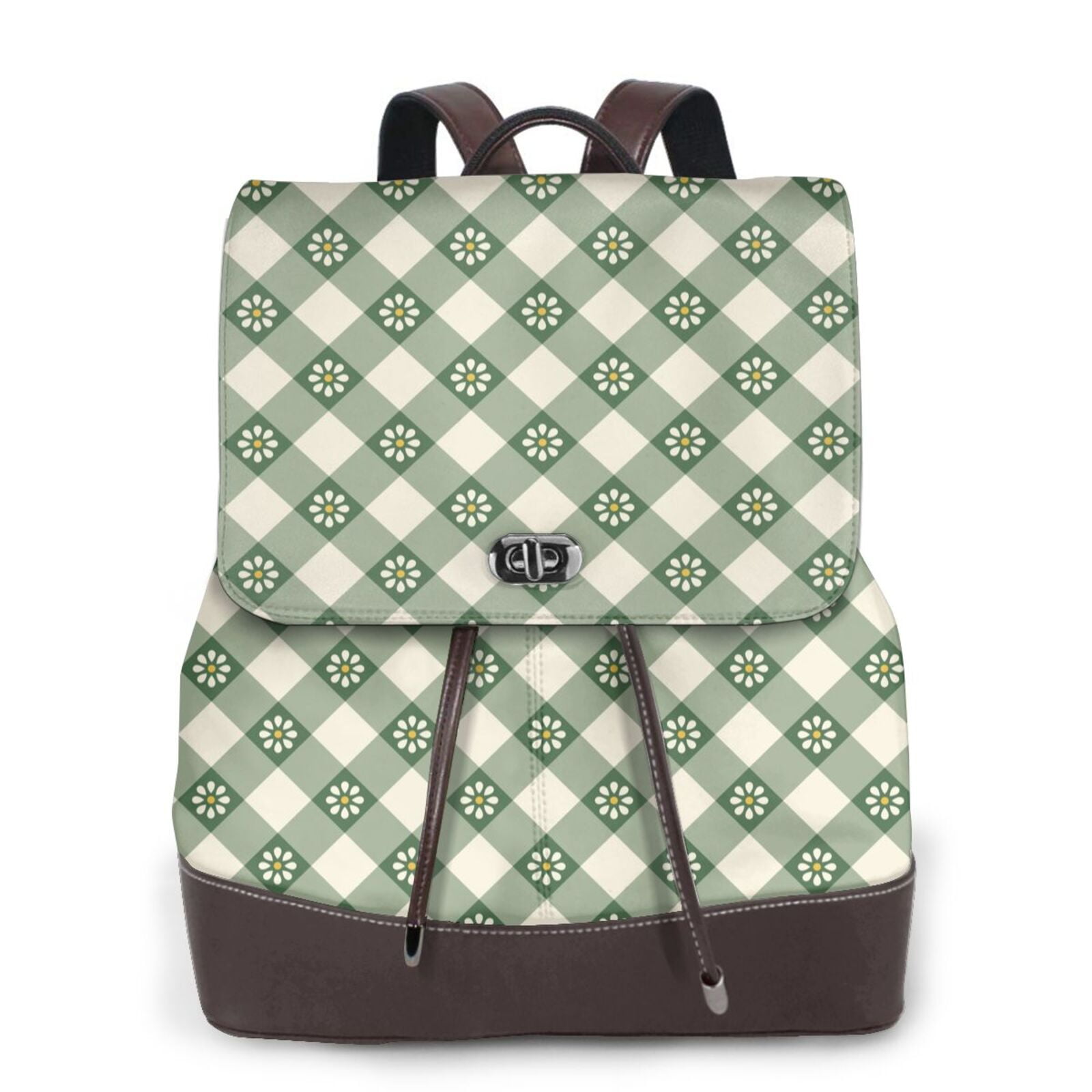 Adobk Daisy Plaid Green Print Leather Backpack Vintage Laptop Bookbag ...