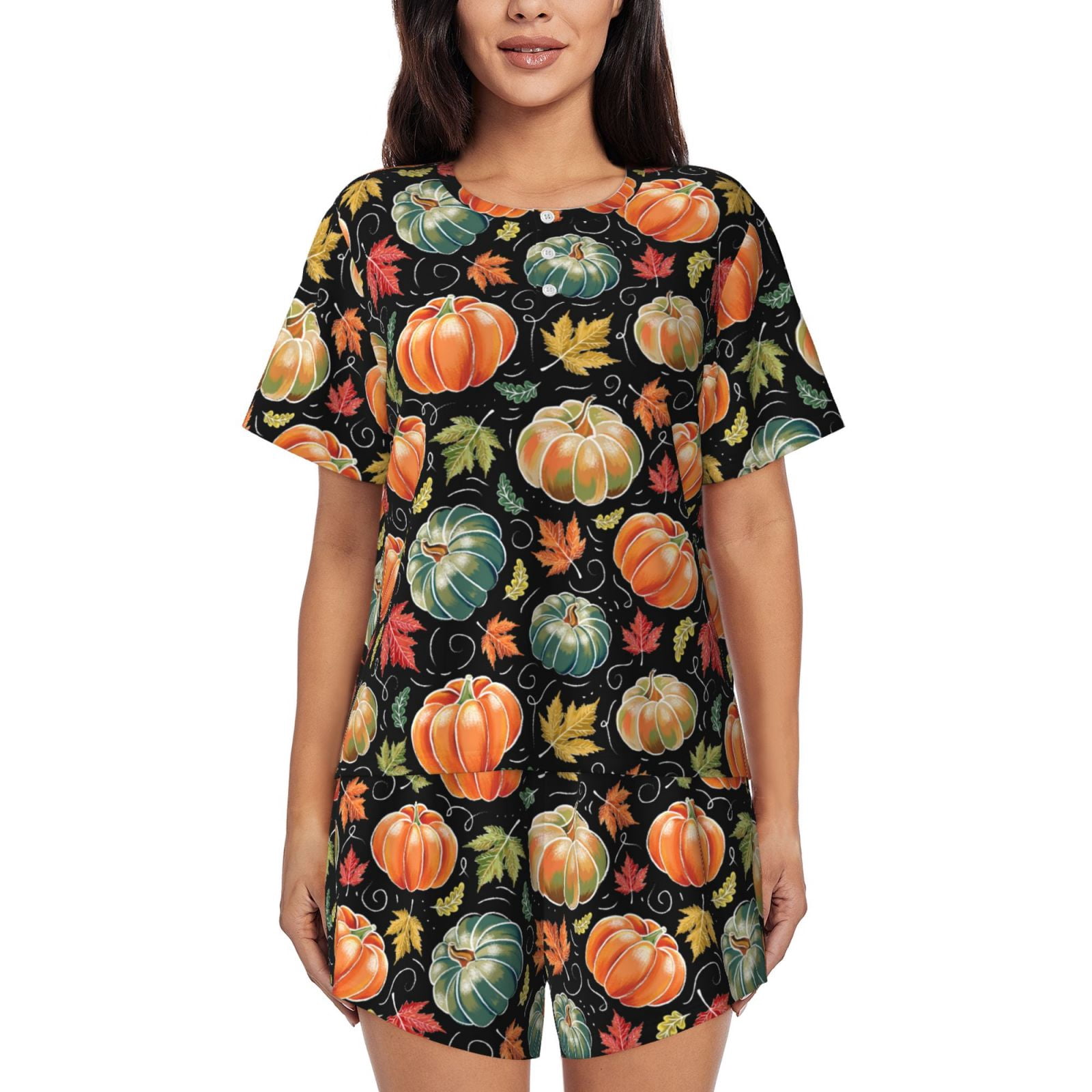 Adobk Daisy maple leaf Print Women Pajamas Sets for Short-Sleeved ...