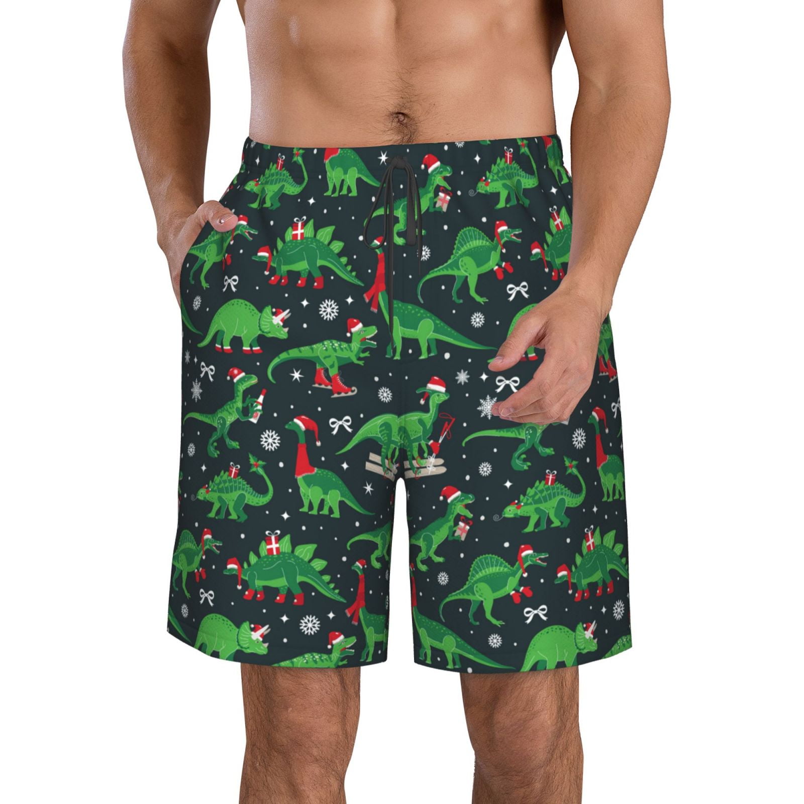 Adobk Dino Christmas Party Print Men's Swim Trunks Hawaiian Bathing ...