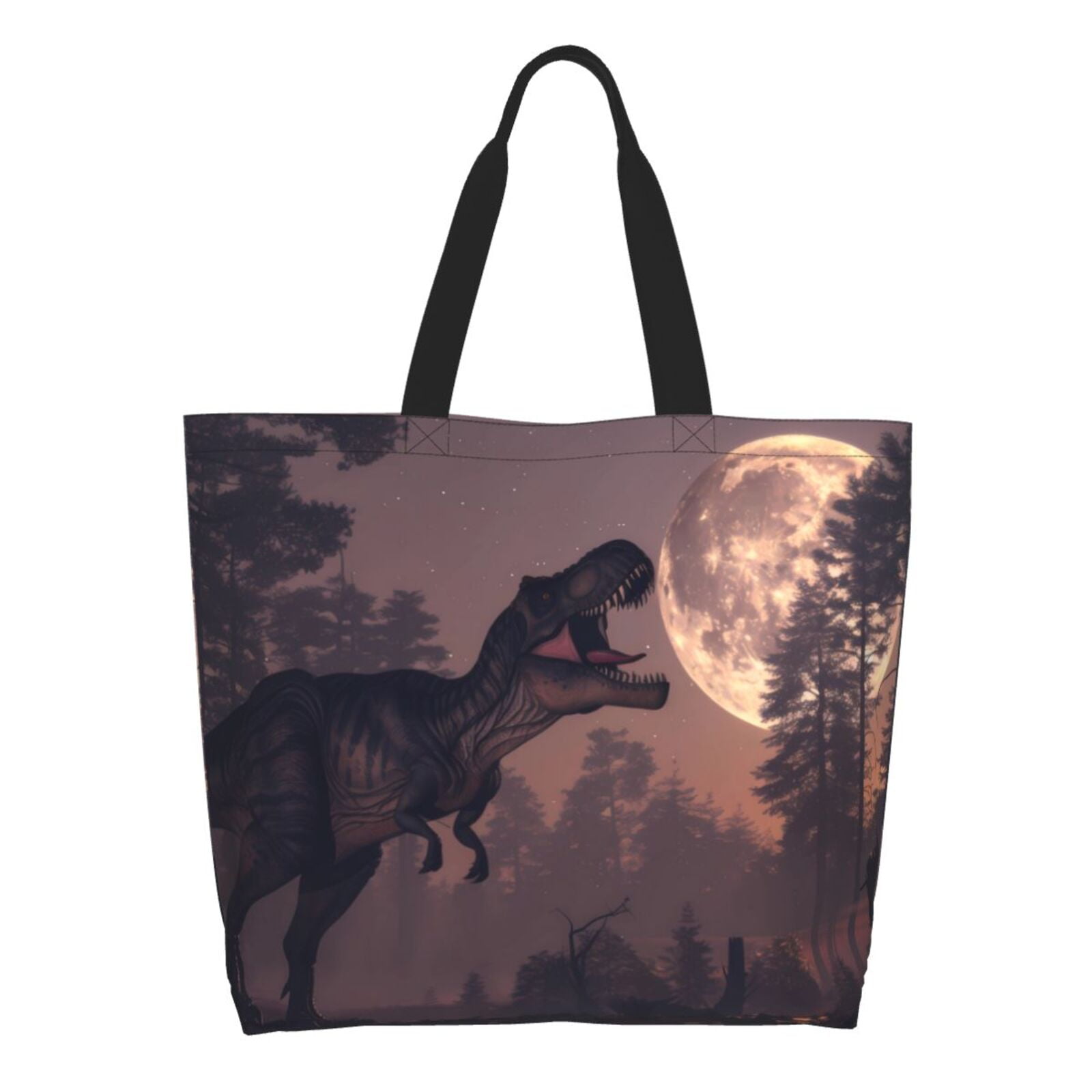 Adobk Dinosaur Moonlit Forest Print Stylish Canvas Tote Bag with an ...