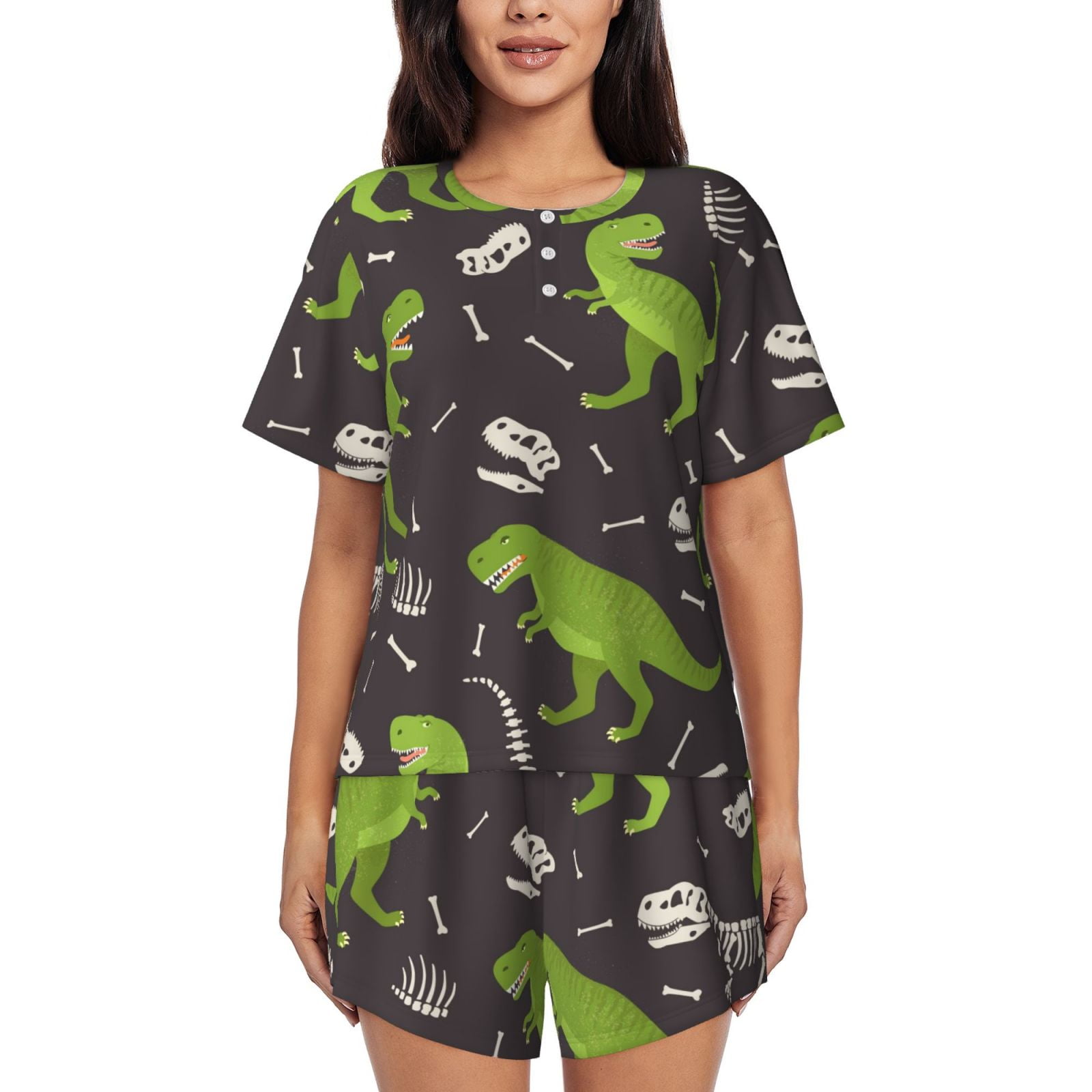 Adobk Dinosaur Skeleton Print Women Pajamas Sets for Short-Sleeved ...