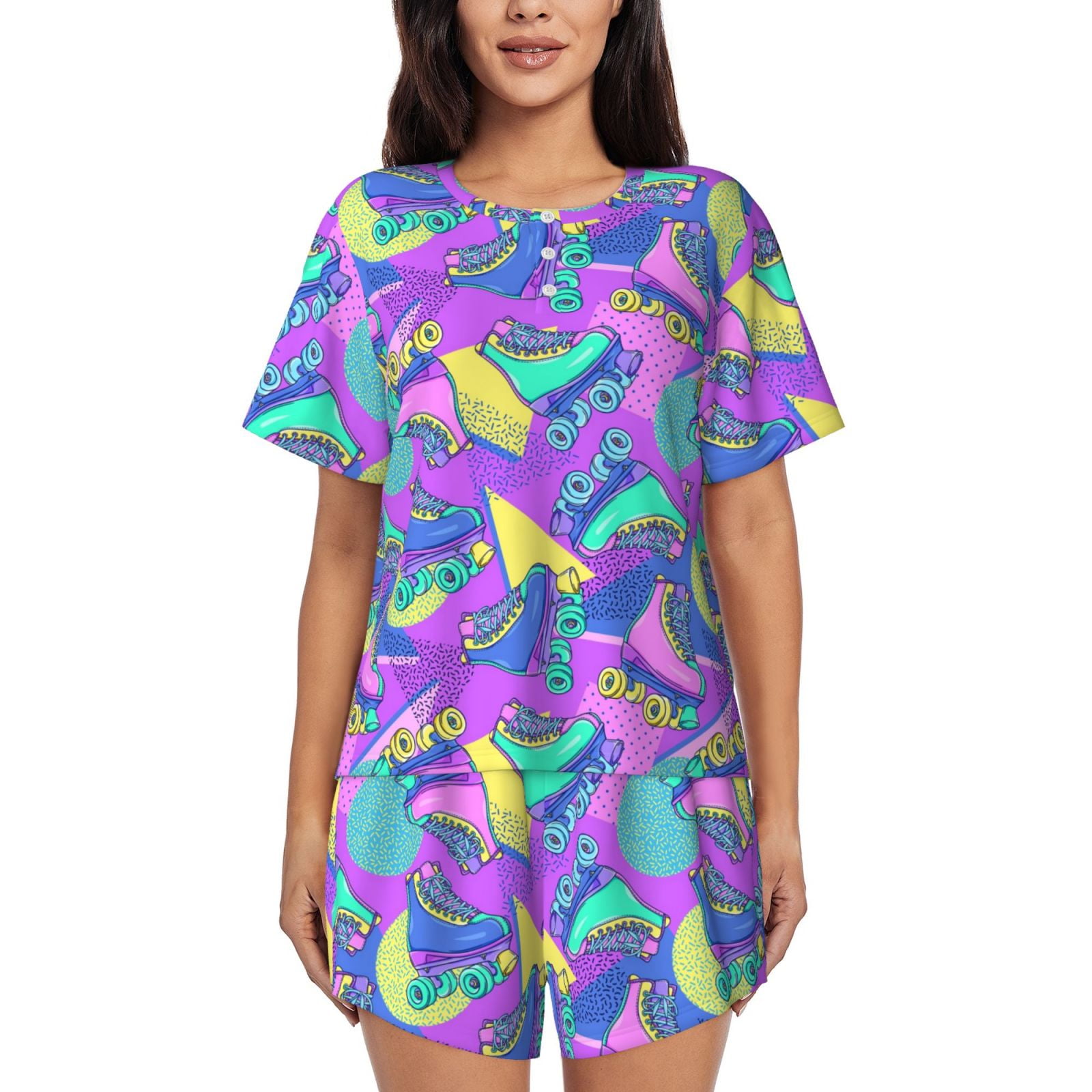 Adobk Disco Roller Skates Print Women Pajamas Sets for Short-Sleeved ...