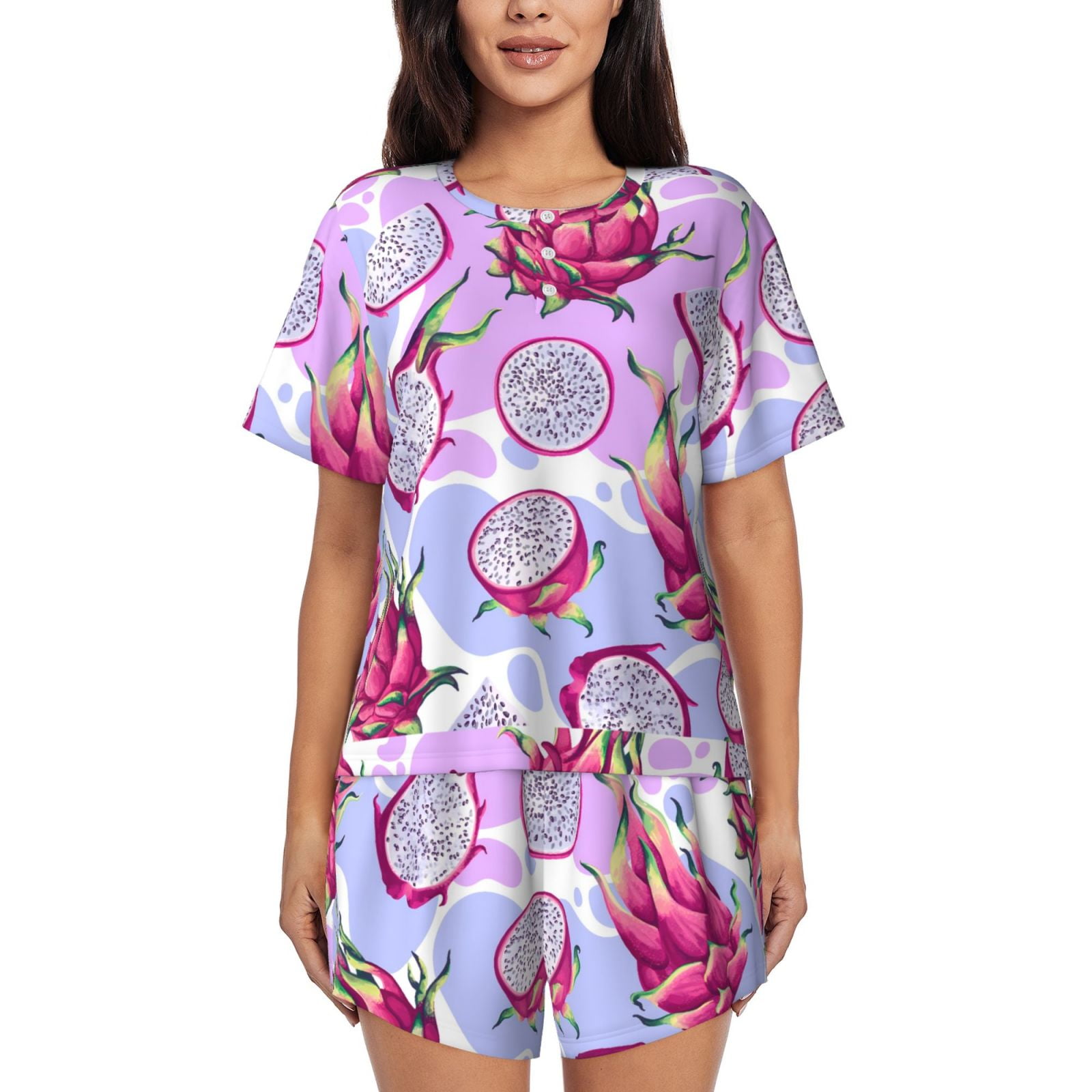 Adobk Dragon Fruit Print Women Pajamas Sets for Short-Sleeved，Shorts ...