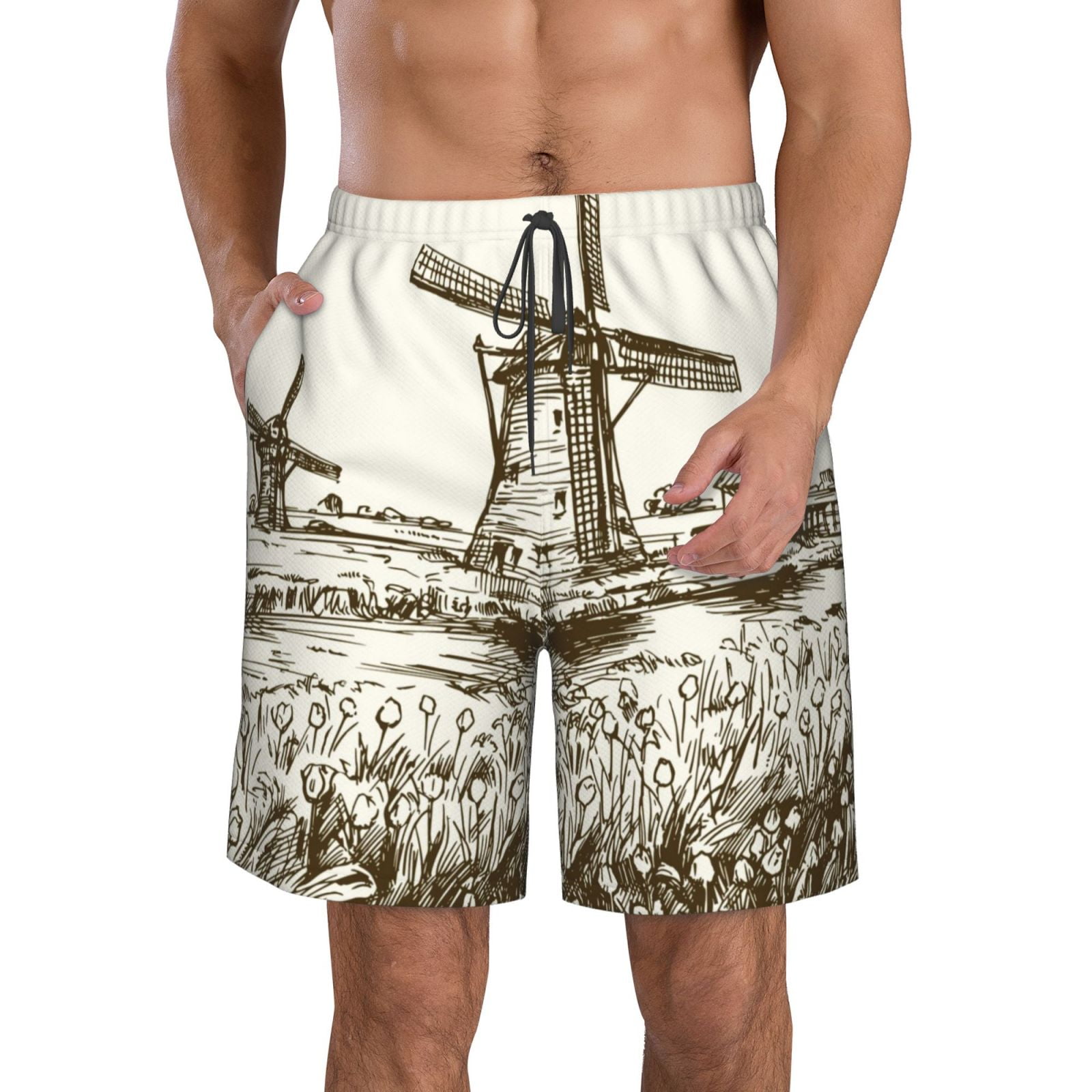 Adobk Dutch Windmill Print Men's Swim Trunks Hawaiian Bathing Suit ...