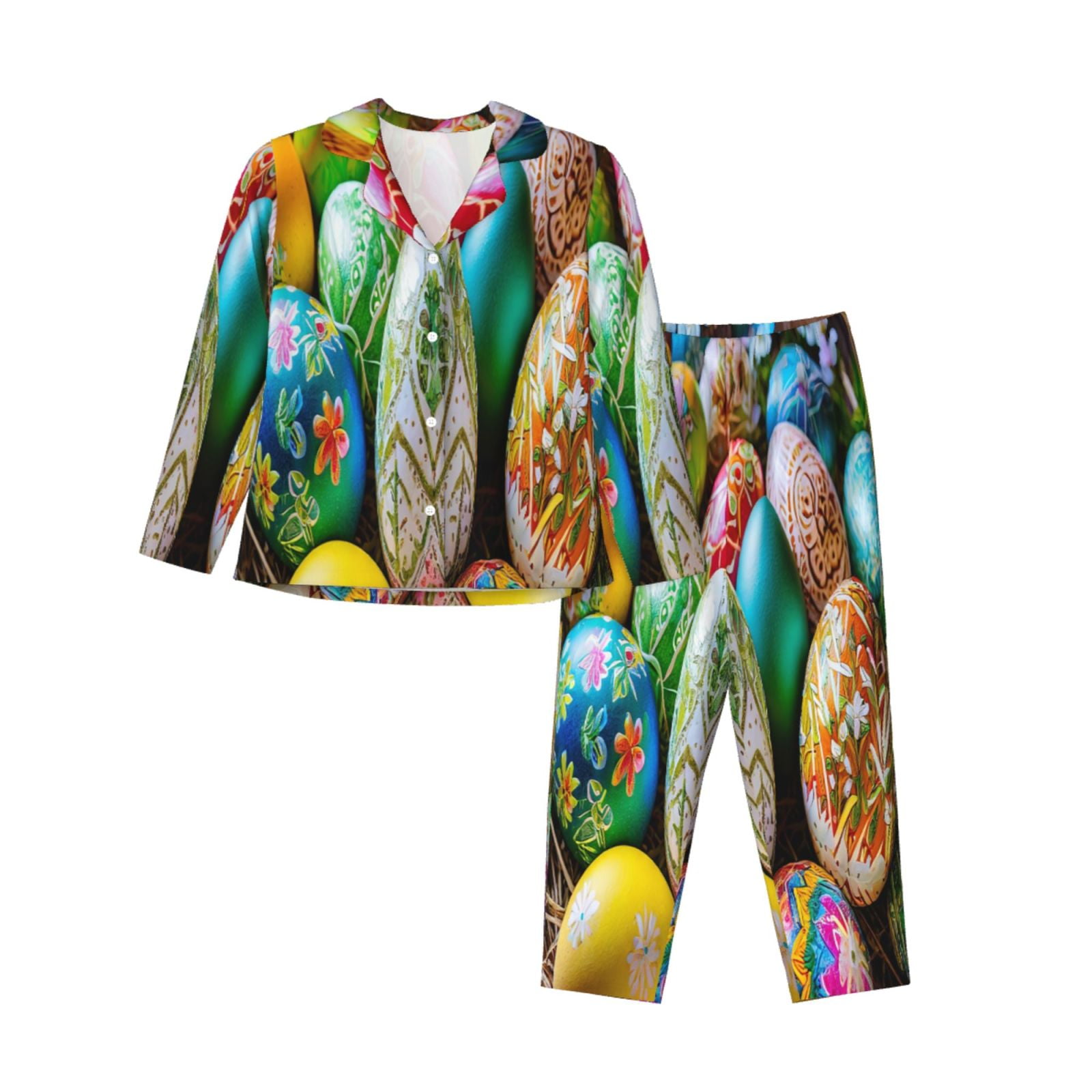 Adobk Easter Eggs Print Pajamas Set Long Sleeve Sleepwear Womens Button ...