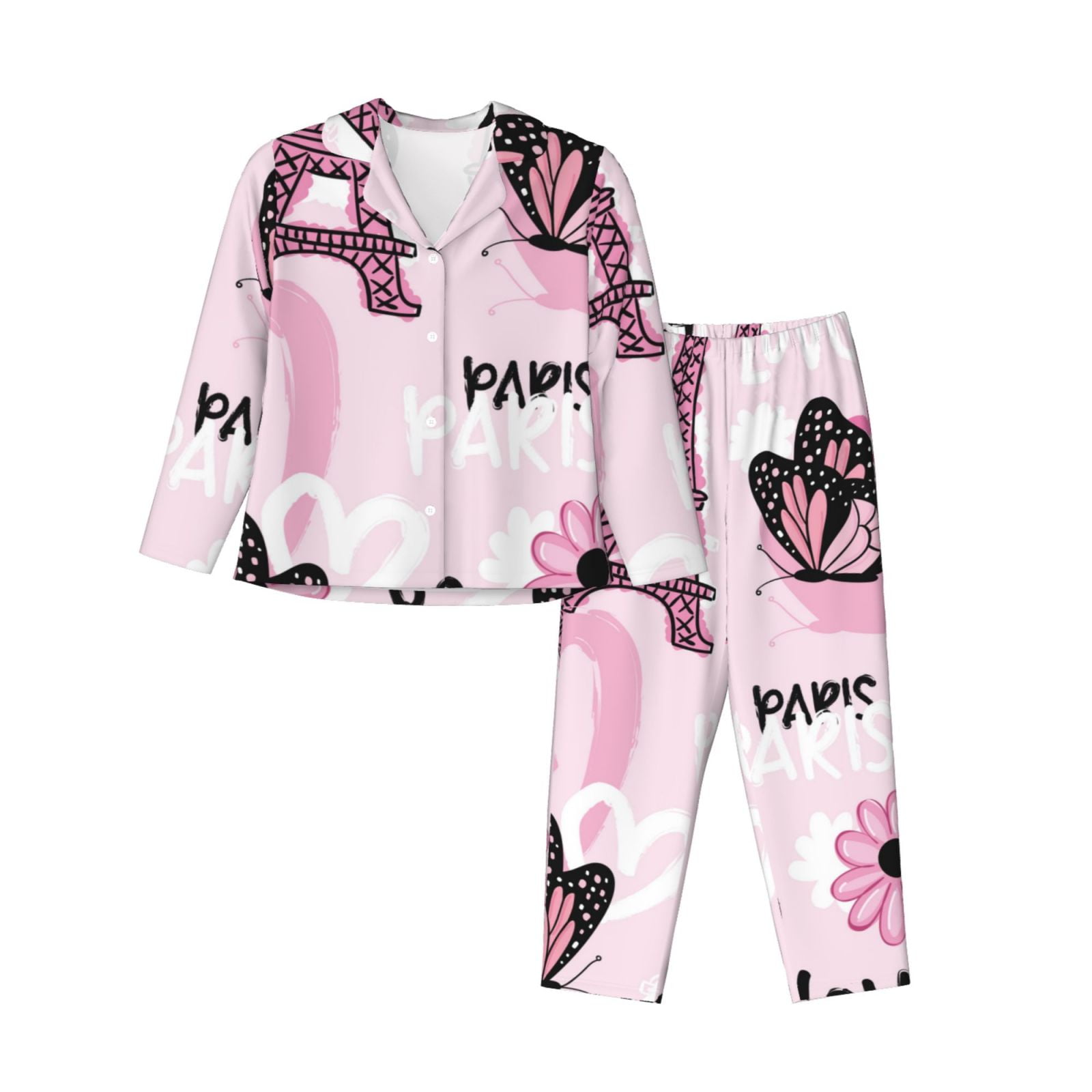 Adobk Eiffel Tower and Butterflies Print Pajamas Set Long Sleeve ...