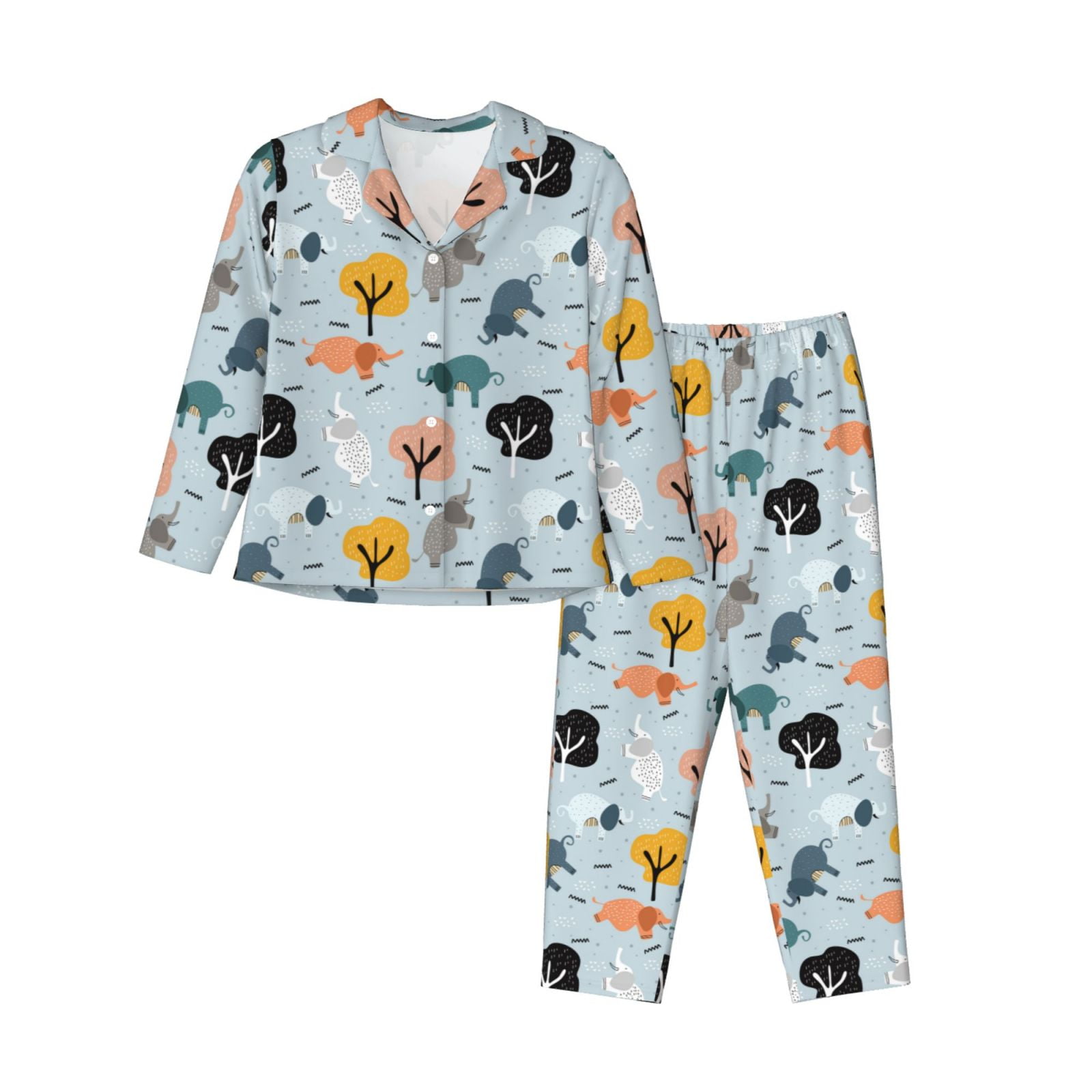 Adobk Elephant Tree Print Pajamas Set Long Sleeve Sleepwear Womens ...
