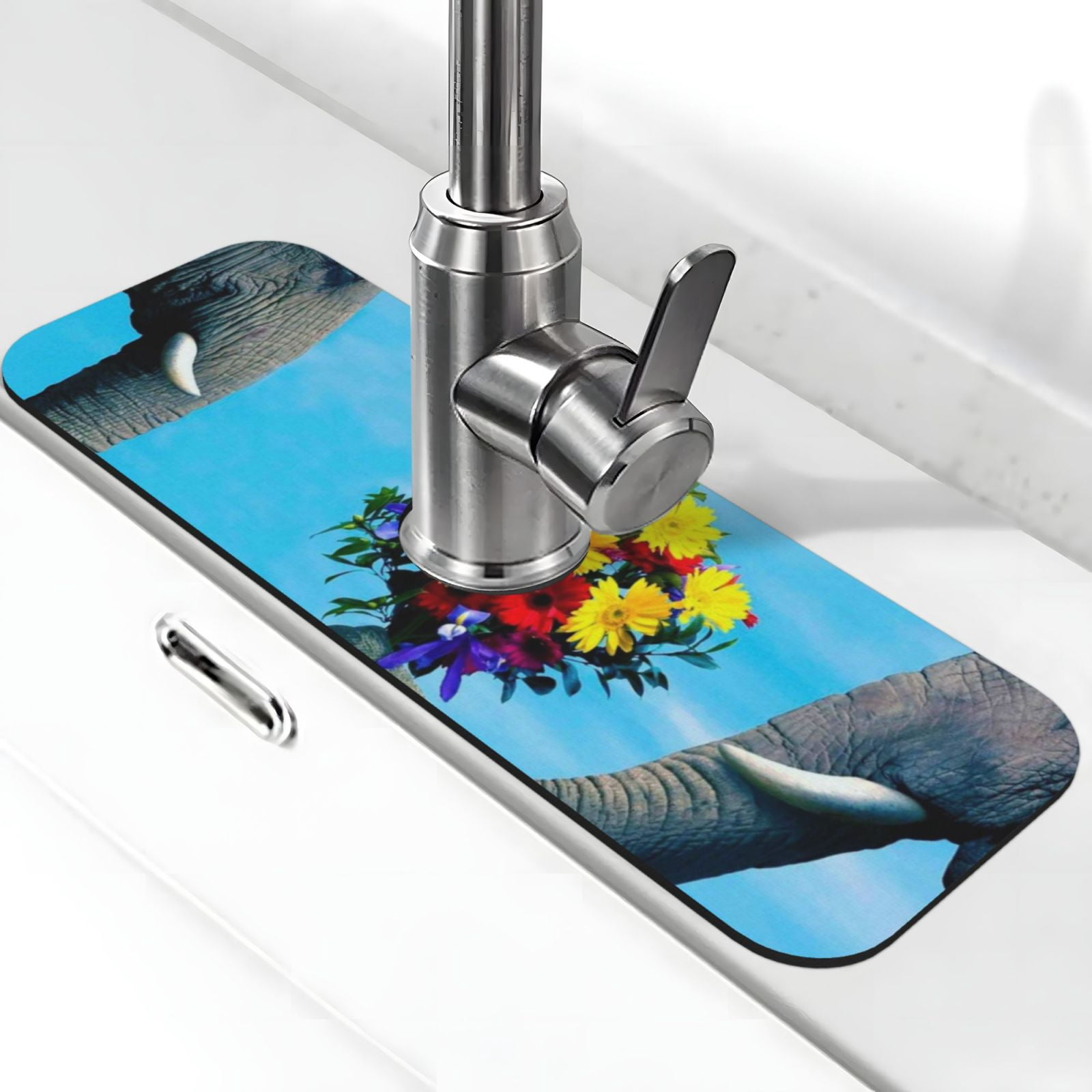 Adobk Elephant Trunk Couple Flowers Print Faucet Mat for Kitchen Sink ...