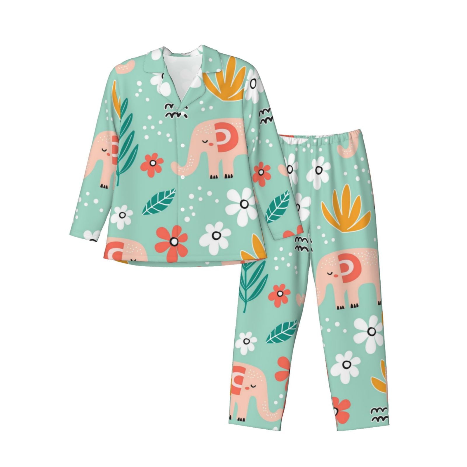 Adobk Elephant and Flowers Print Mens Pajamas Set Long Sleeve Soft ...